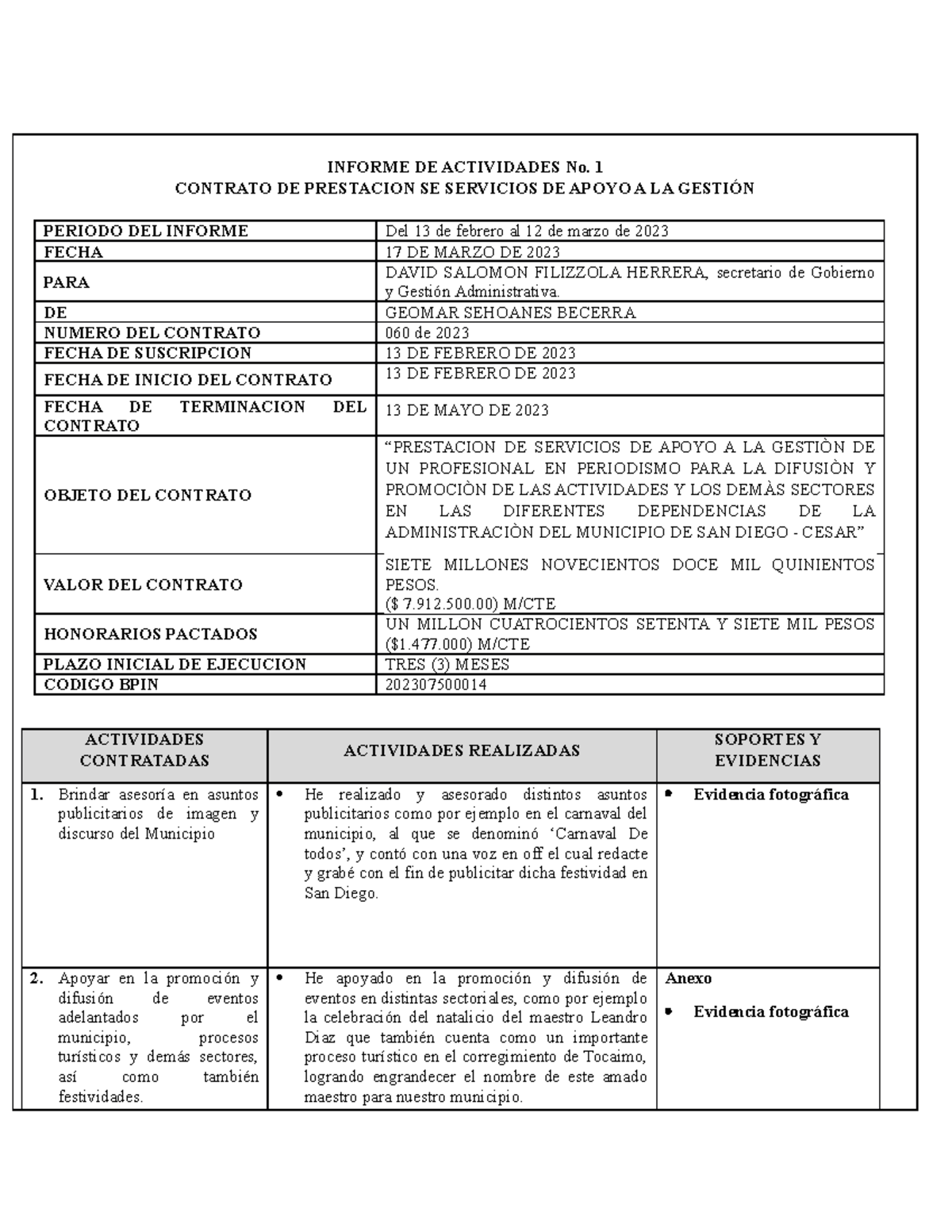 Informe DE Actividades #1-2023 - INFORME DE ACTIVIDADES No. 1 CONTRATO ...