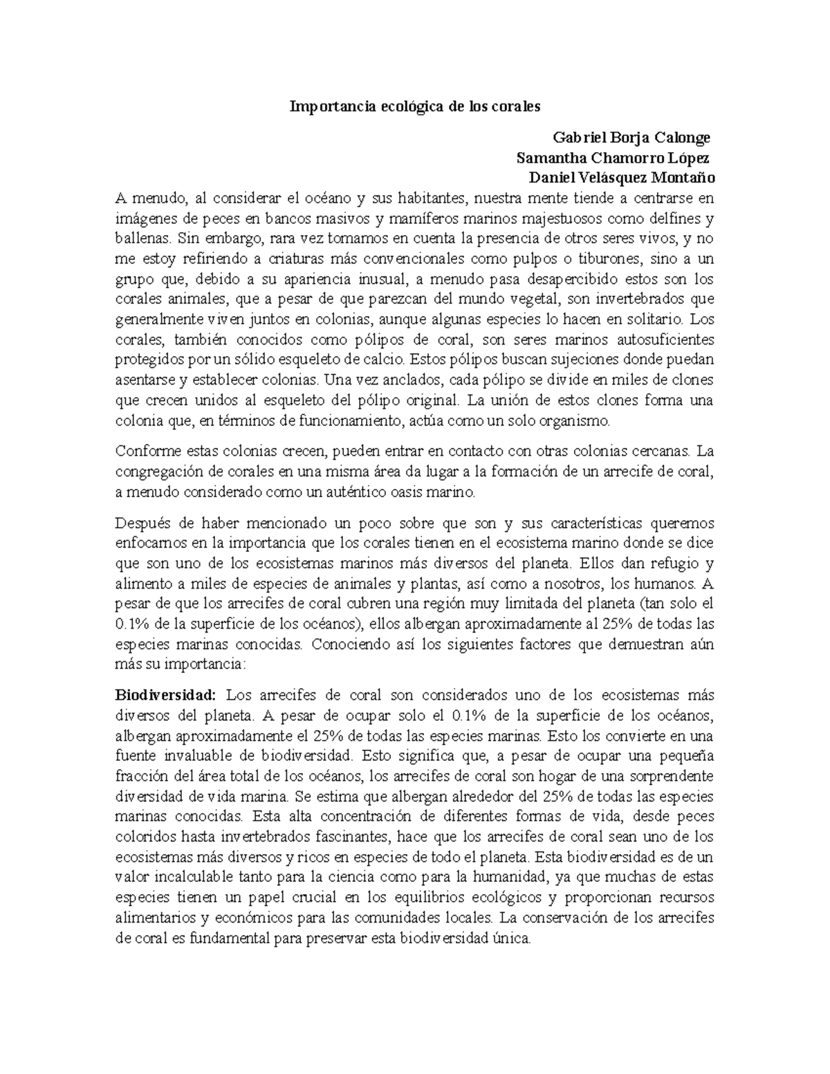 Ensayo DE Importsncia DE LOS Corale S - Importancia ecológica de los ...