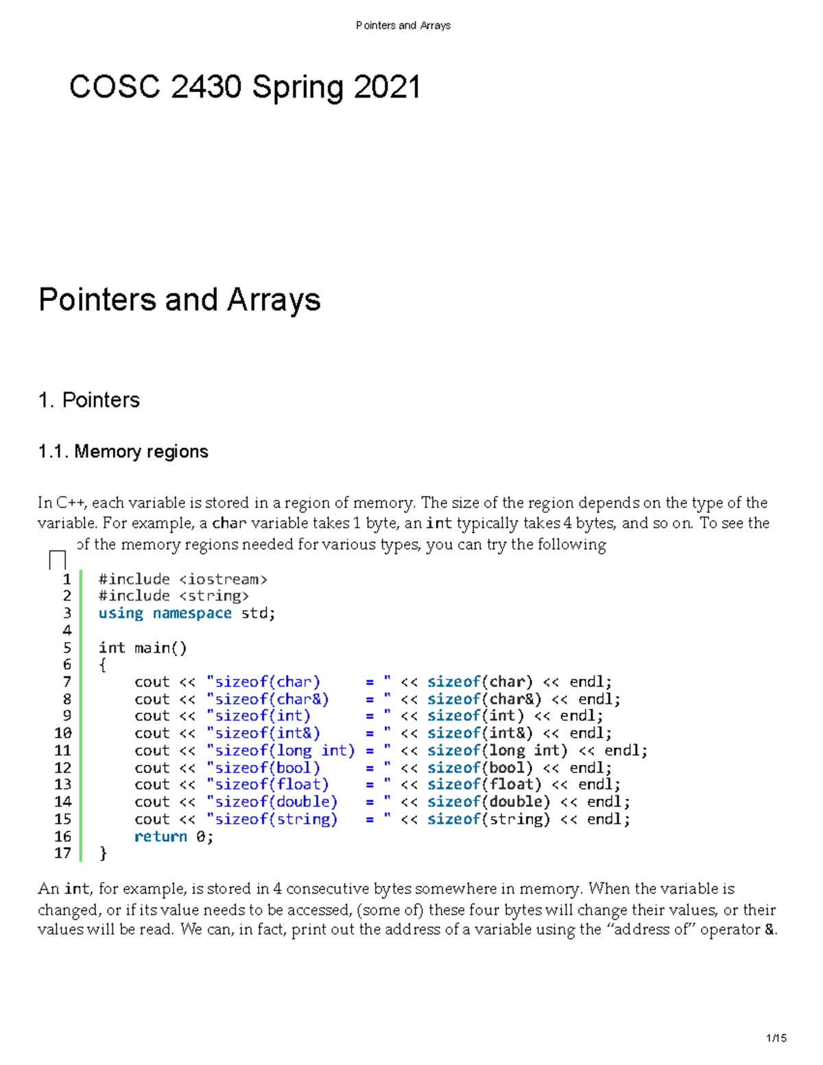 3Pointers and Arrays COSC2430 - Spring 2021 - COSC 2430 Spring 2021 Pointers and Arrays 1 ...