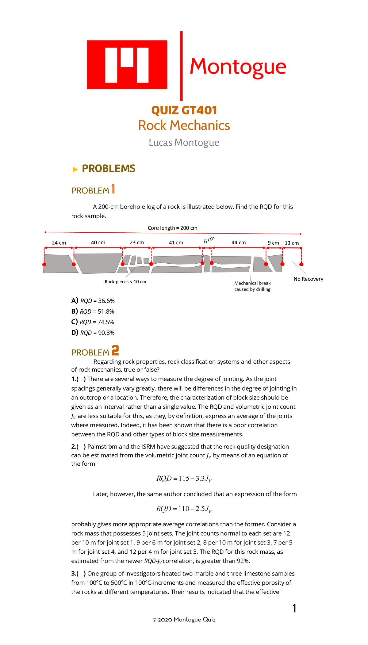 Rock Mechanics Solved Problems - 1 QUIZ GT Rock Mechanics Lucas ...