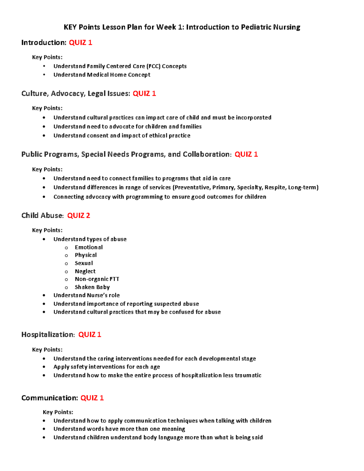 Lesson Plan for Week 1 worksheet - KEY Points Lesson Plan for Week 1 ...