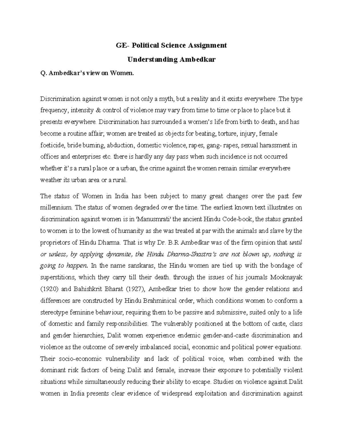 GE Assignment - GE- Political Science Assignment Understanding Ambedkar ...