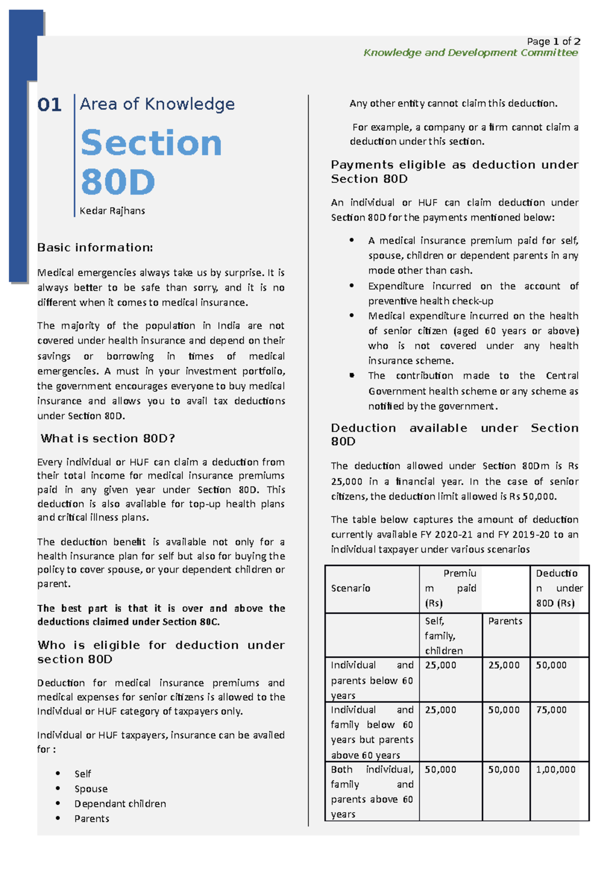 Section 80D - INCOME TAX ACT 1961 - Knowledge and Development Committee ...