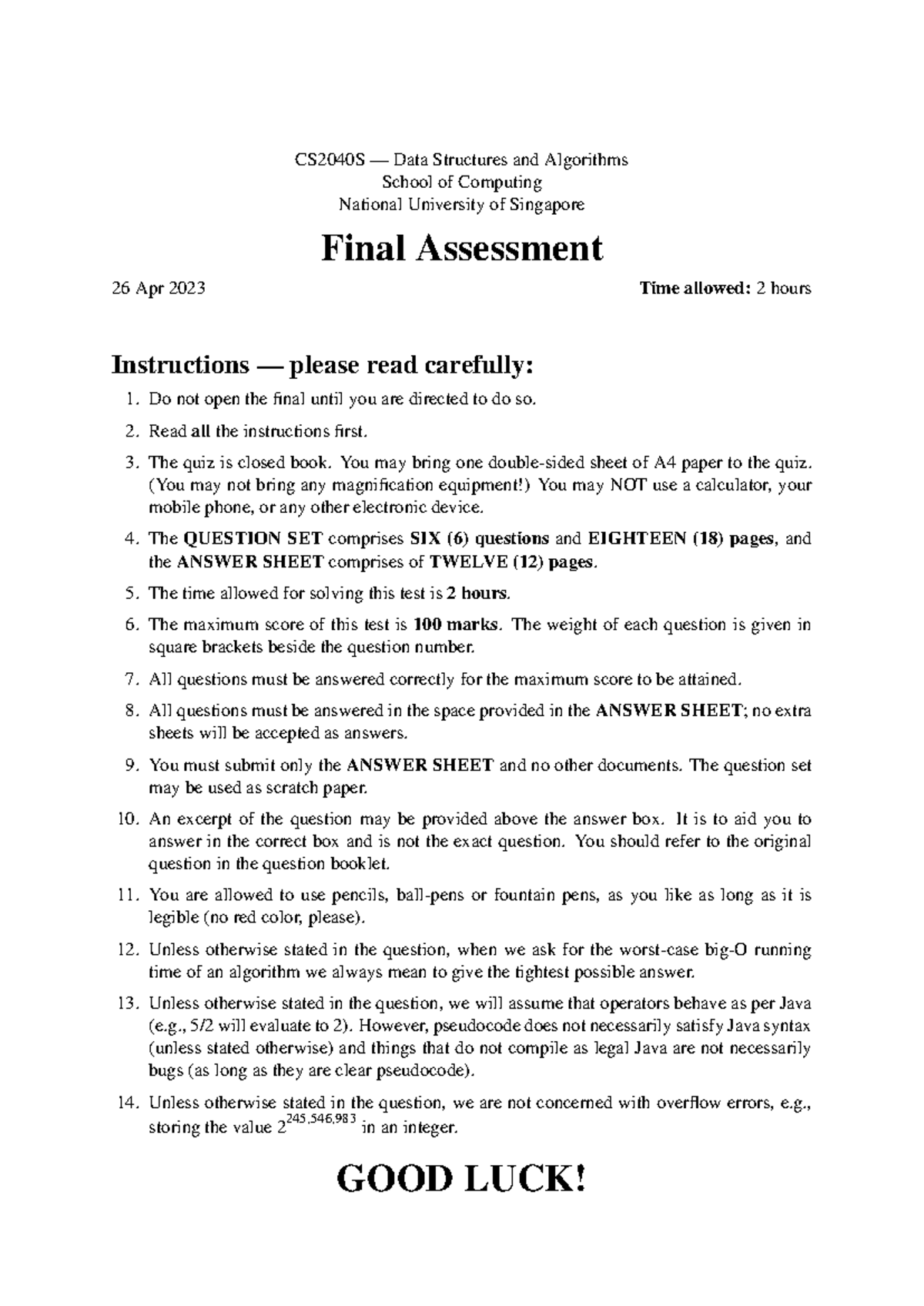CS2040s Final with solutions 2023 - CS2040S — Data Structures and Algorithms School of Computing ...