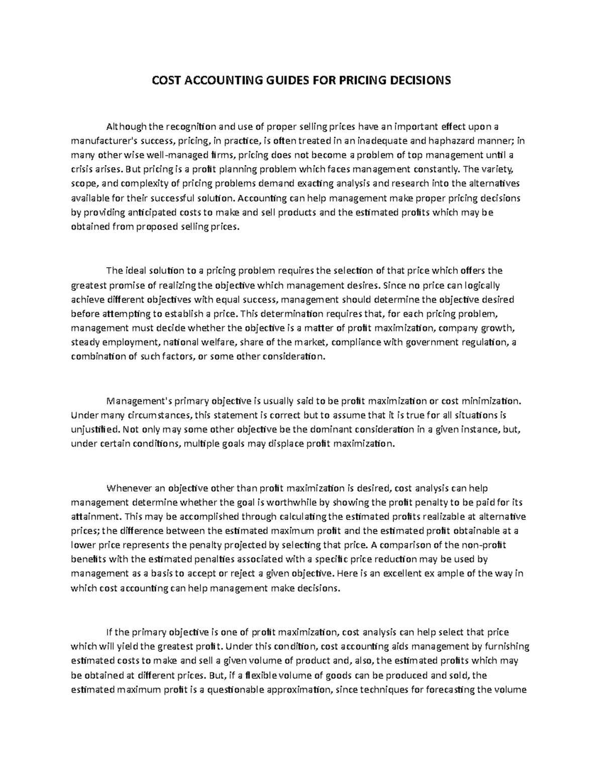 COST Accounting Guides FOR Pricing Decisions - COST ACCOUNTING GUIDES ...