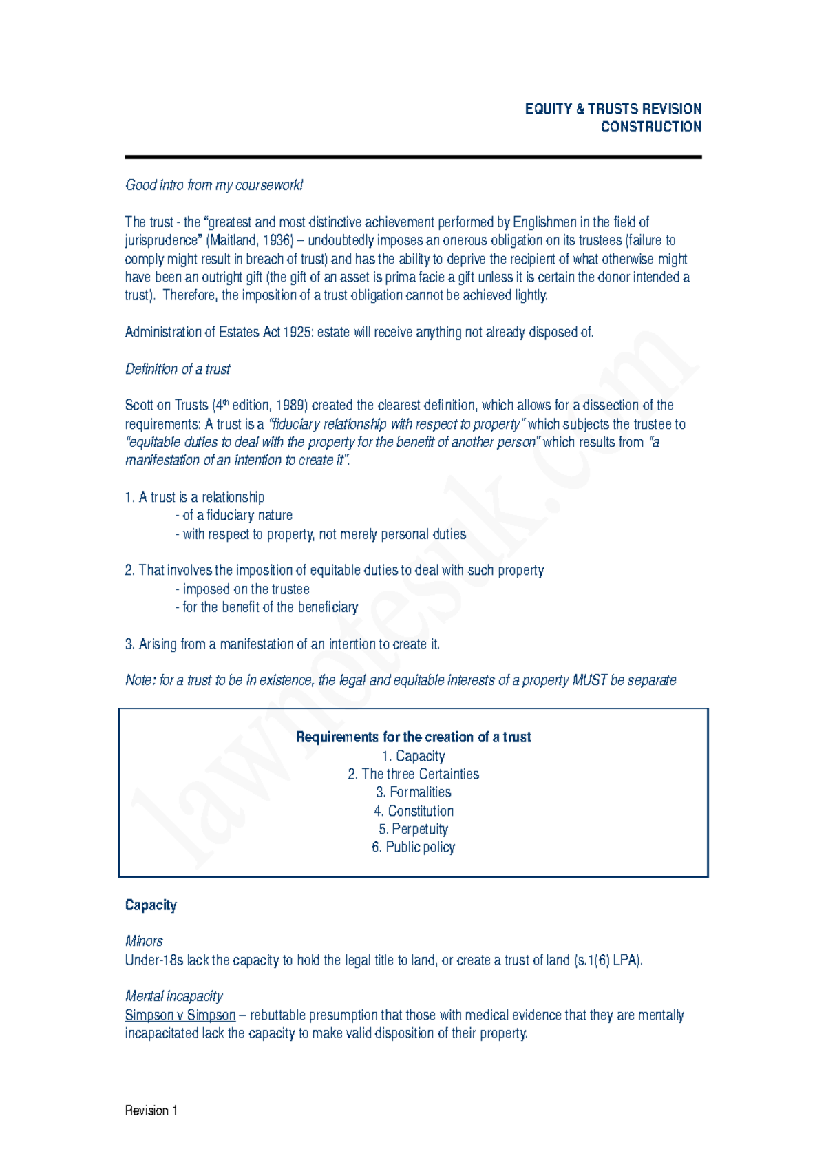 Equity trusts revision notes - EQUITY TRUSTS REVISION CONSTRUCTION Good ...