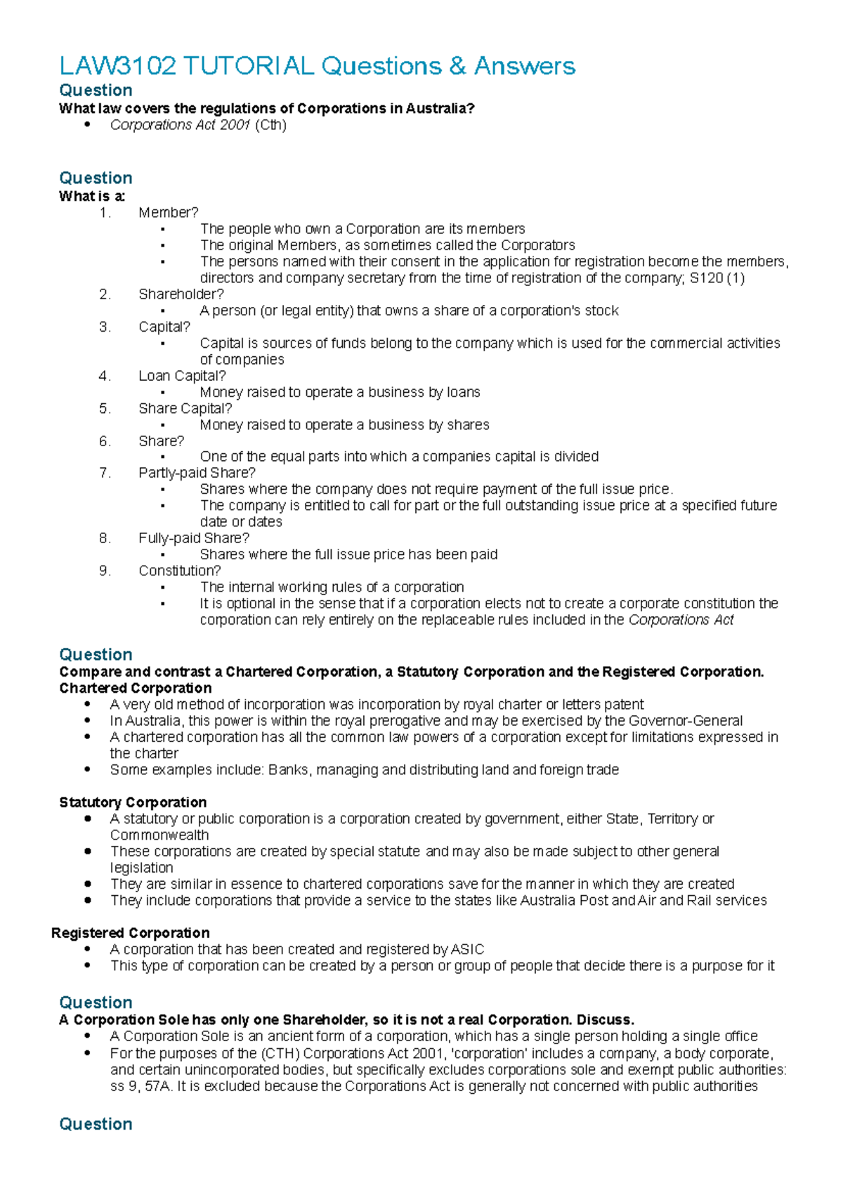 LAW3102 Tutorial Questions and Answers - LAW3102 TUTORIAL Questions ...