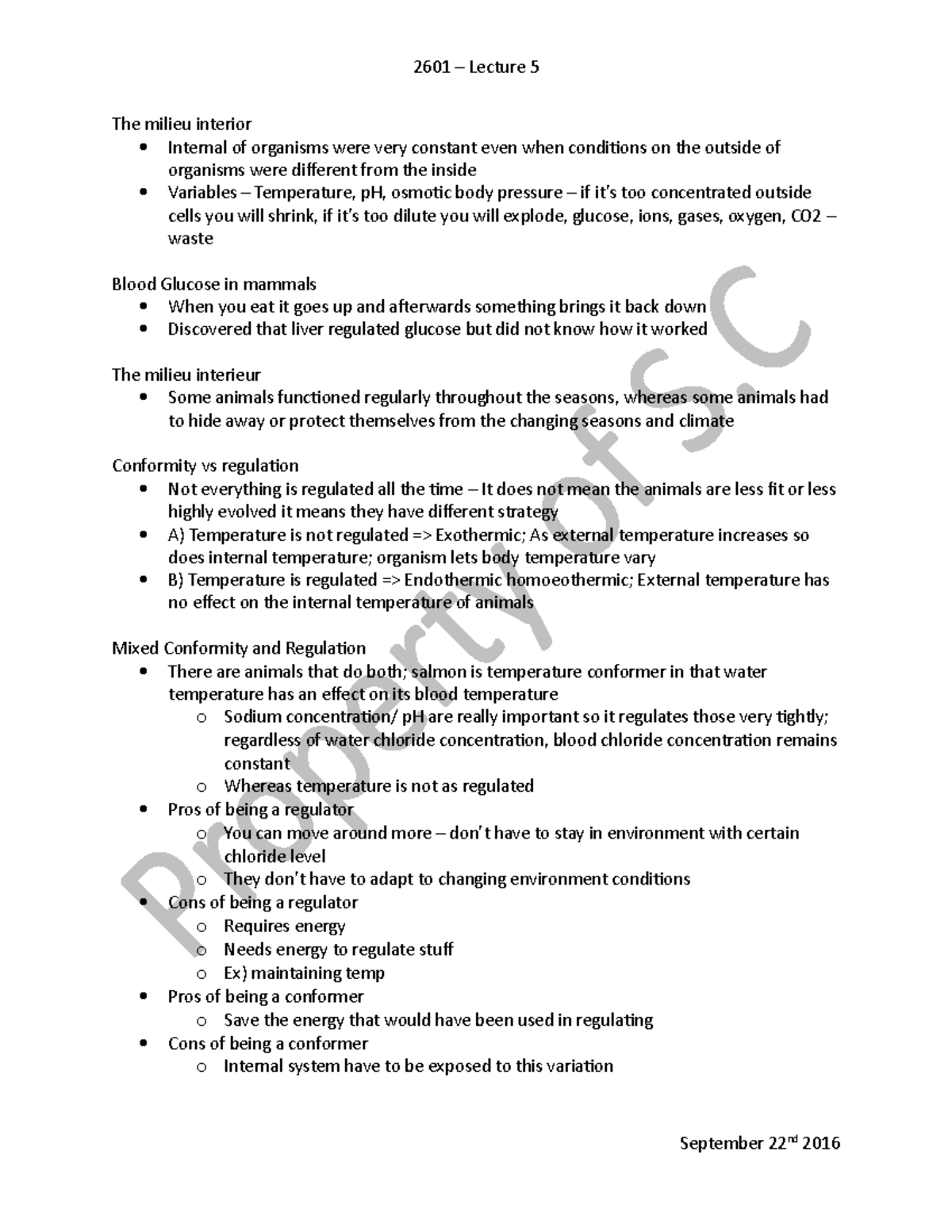 2601 - Lecture 5 - 2601 – Lecture 5 The milieu interior Internal of ...