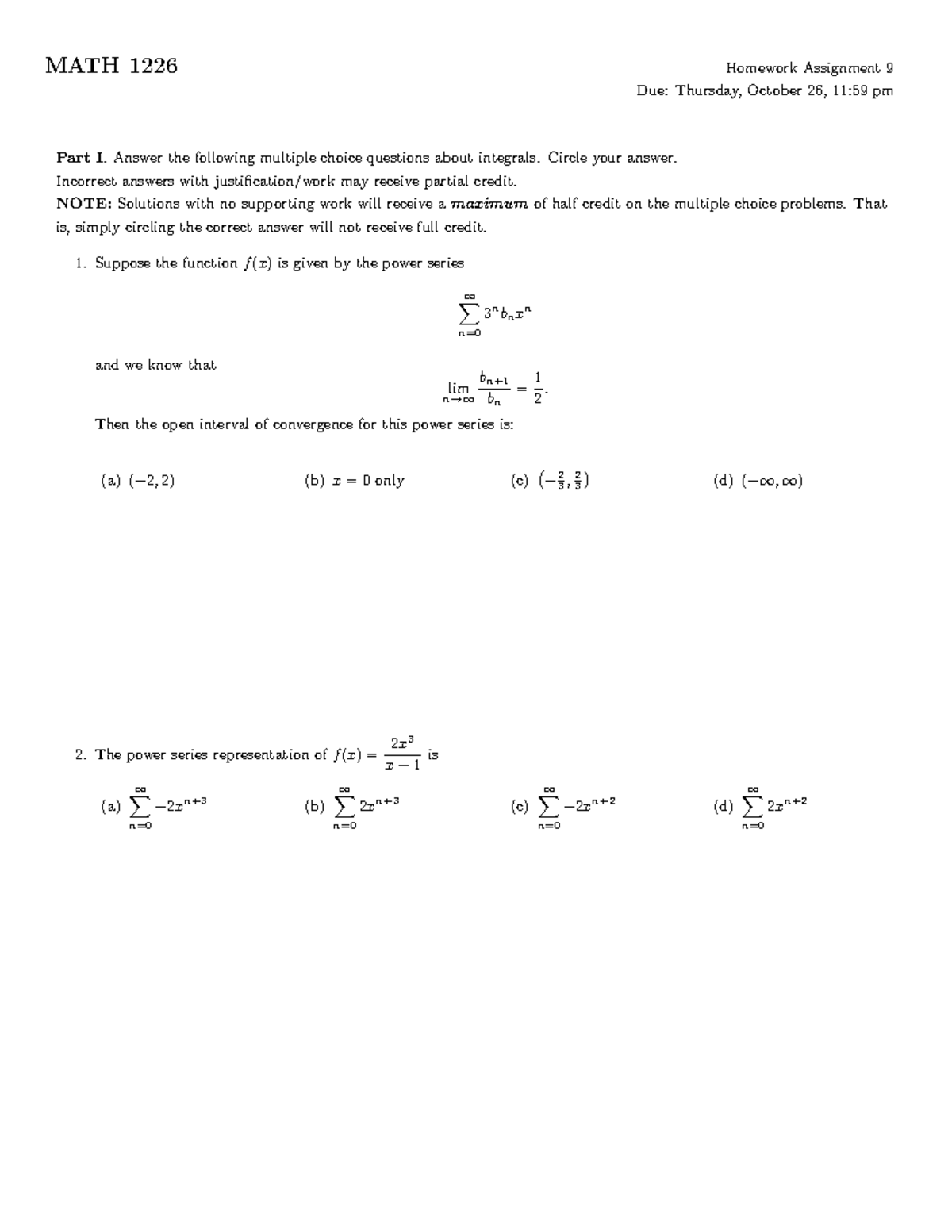 Written Assignment 9 - MATH 1226 - MATH 1226 Homework Assignment 9 Due ...