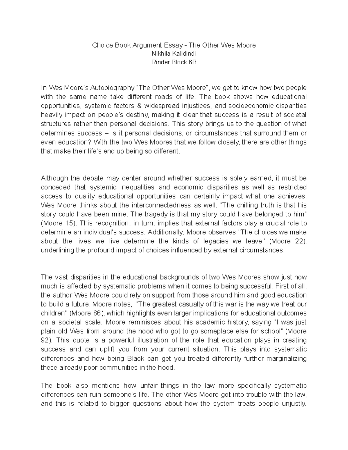 Choice Book Argument Essay - The Other Wes Moore - The book shows how ...