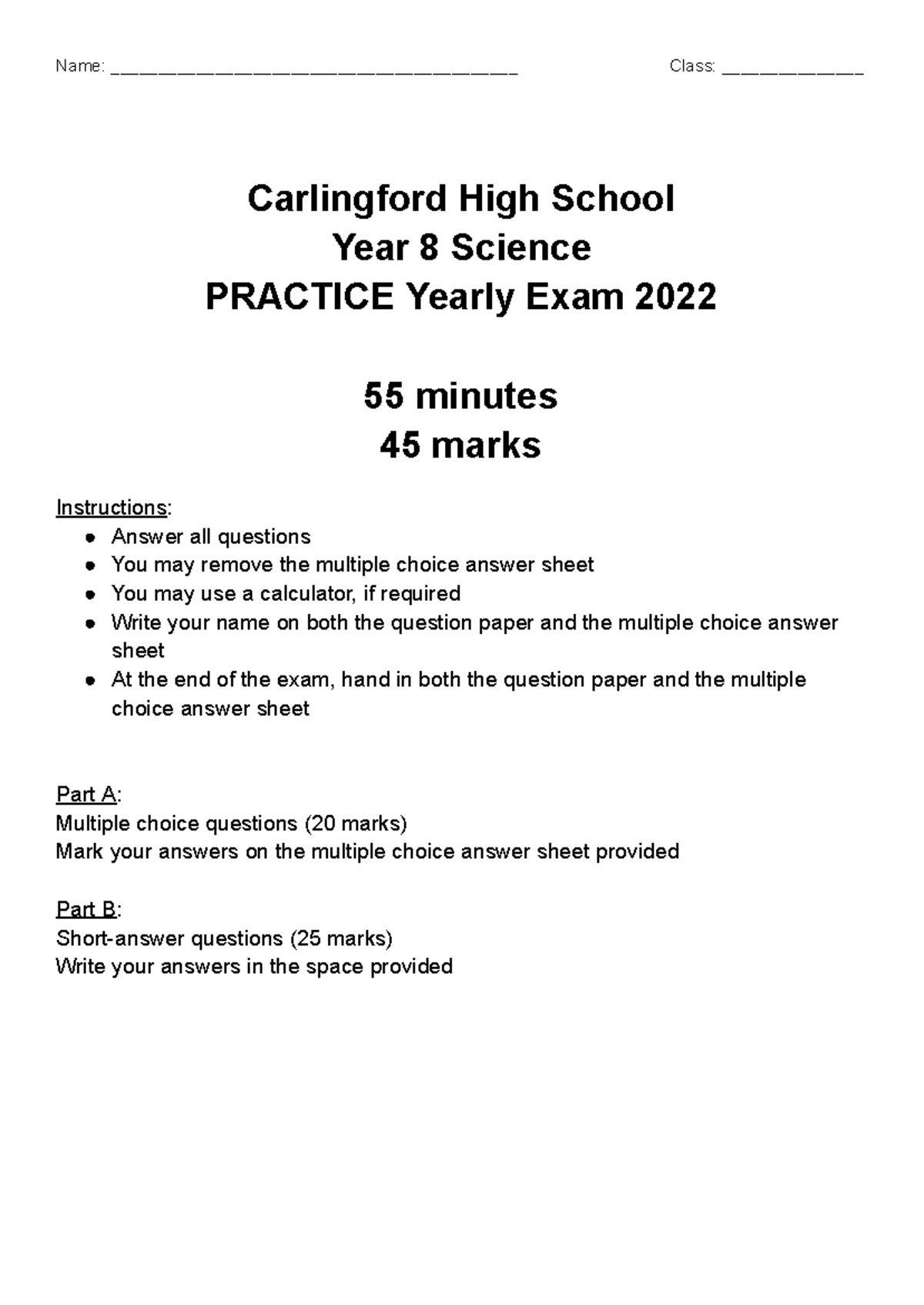 2022 Practice year 8 exam - Name ...