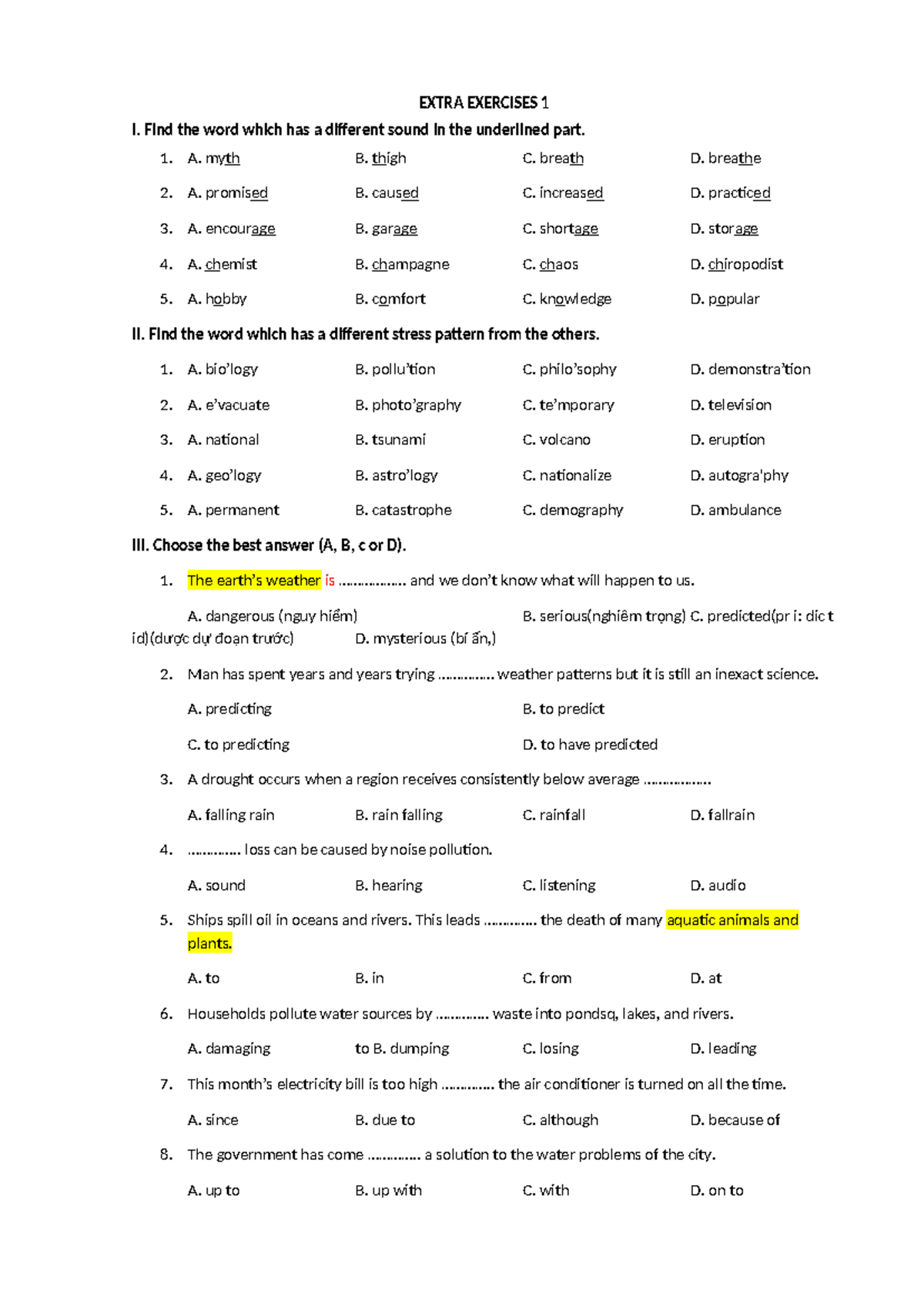 Extra Exercises 1 - Use when you need - EXTRA EXERCISES 1 I. Find the ...