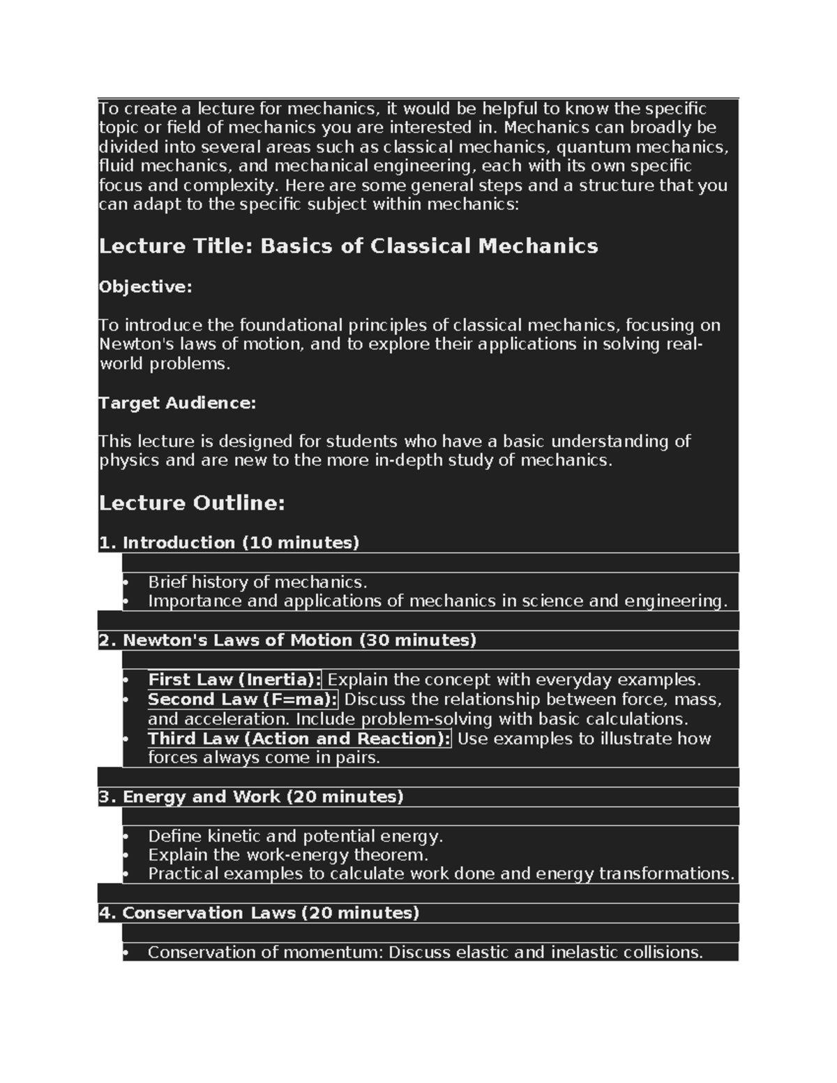 To create a lecture for mechanics - Mechanics can broadly be divided ...