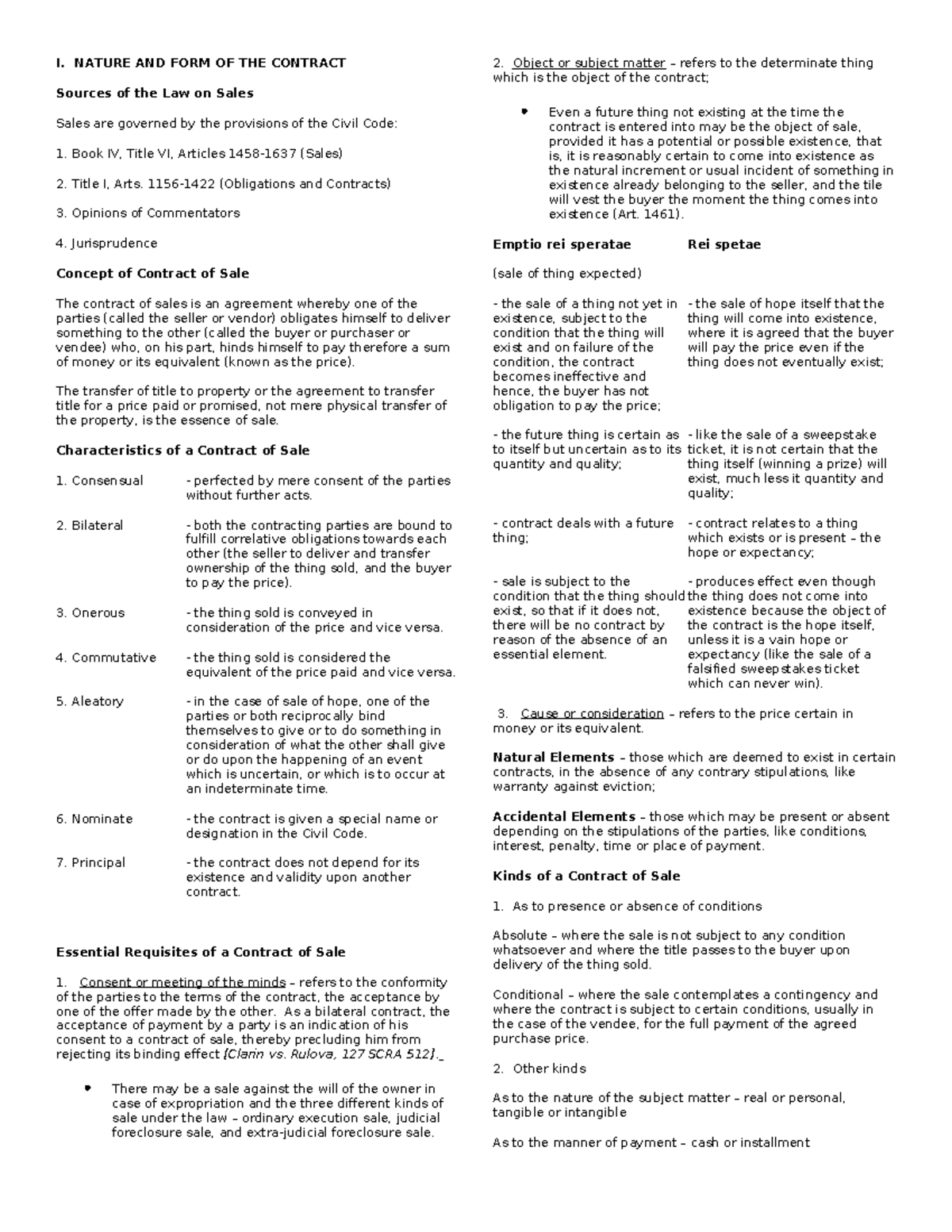 Law on sales rev - I. NATURE AND FORM OF THE CONTRACT Sources of the ...