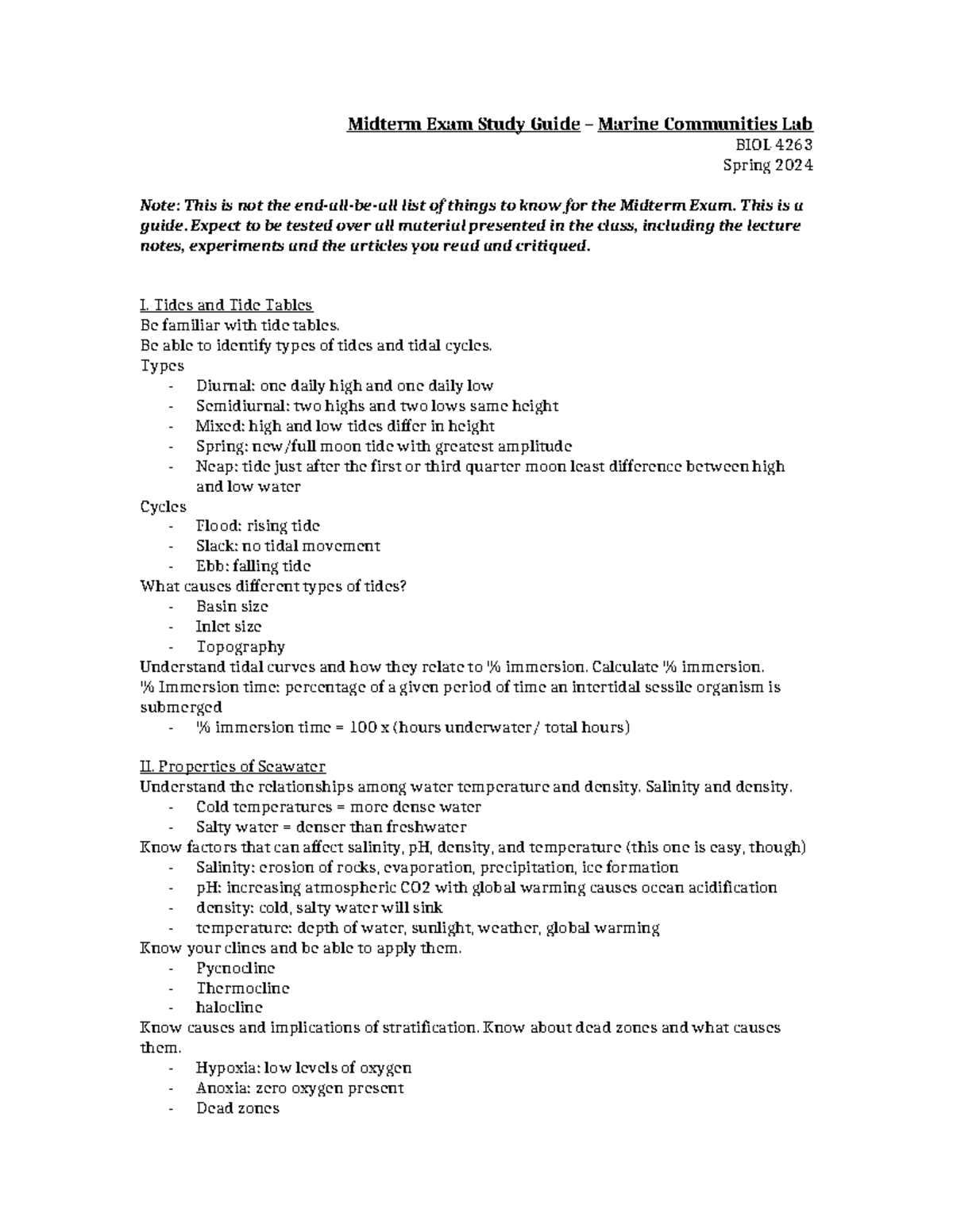 Midterm Study Guide - Midterm Exam Study Guide – Marine Communities Lab ...