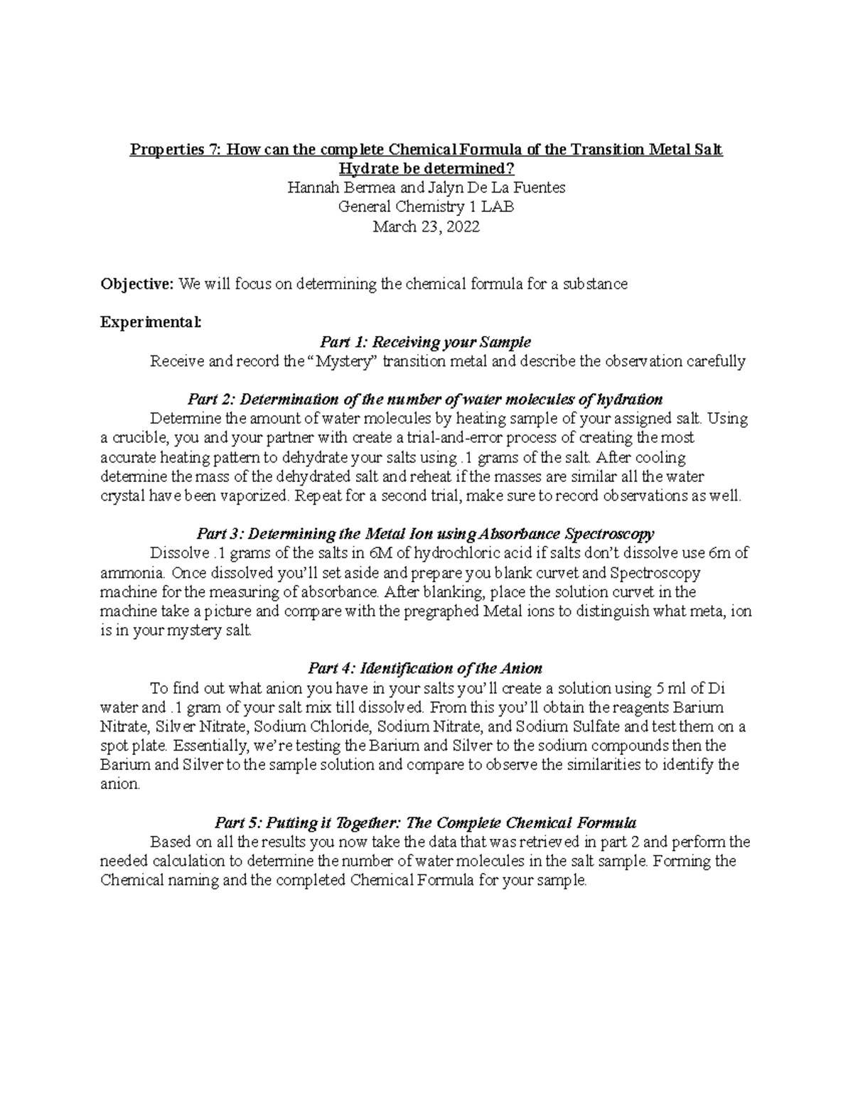 CH1401 Exp 210 Lab Report - Properties 7: How can the complete Chemical ...