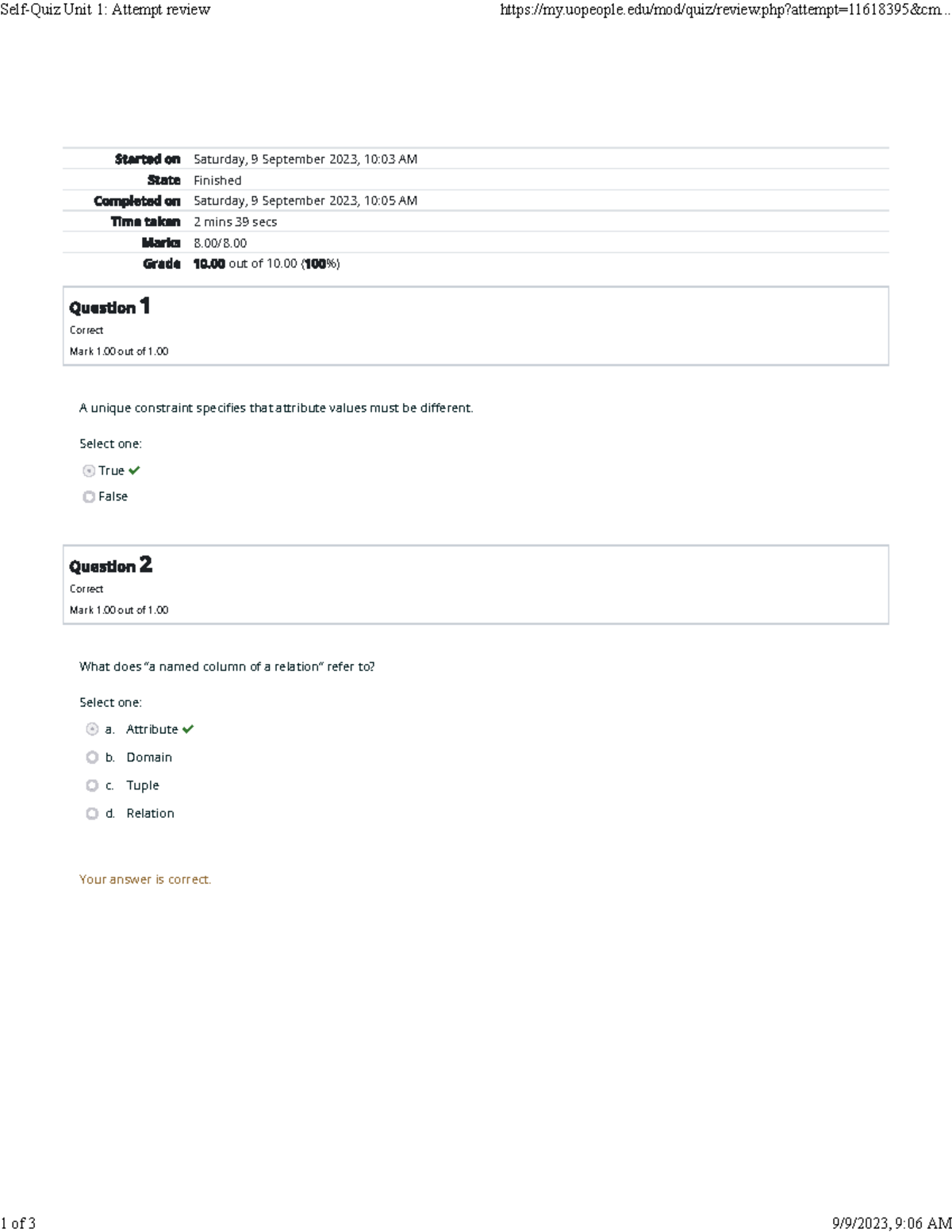 Self-Quiz Unit 1 Attempt review - Saturday, 9 September 2023, 10:03 AM Finished Saturday, 9 ...