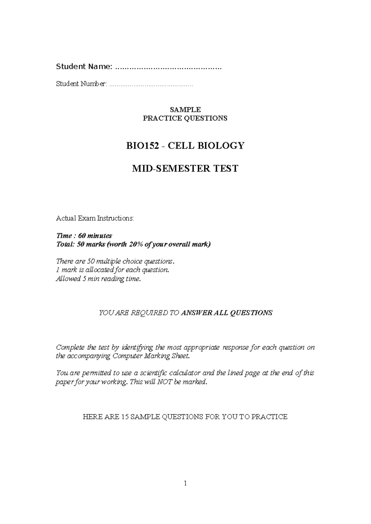 BIO152 MST 2018 Sample questions - Student Name