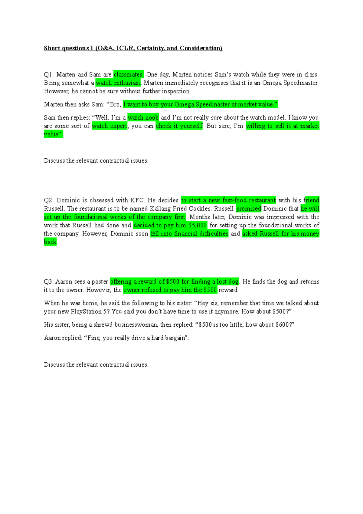 Short questions 1 - Sample essays using IRAC - Short questions 1 (O&A ...