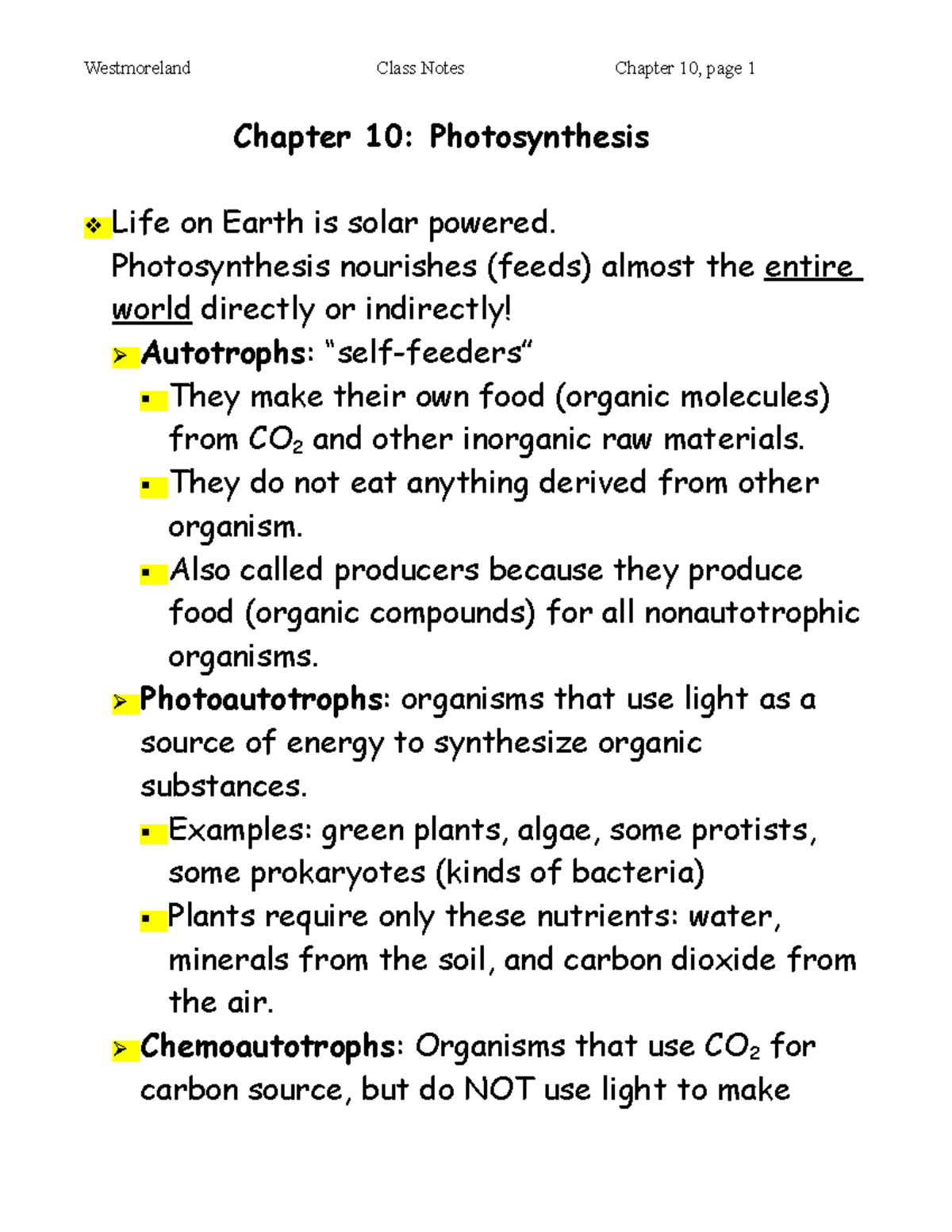 Chapter 10: Photosynthesis - Westmoreland Class Notes Chapter 10, page ...