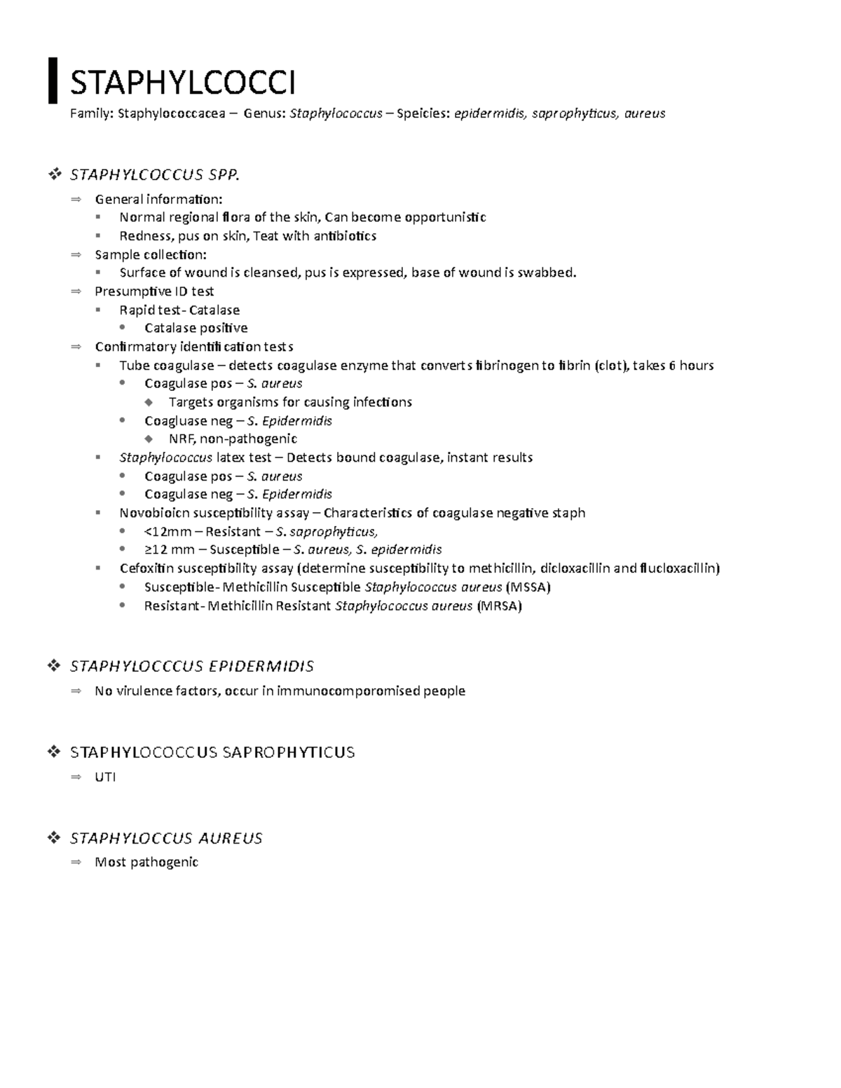 Bacteria - Summary Microbial Diagnostics - STAPHYLCOCCI Family ...