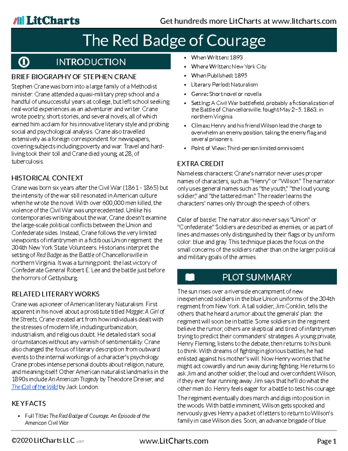 The Red Badge of Courage Lit Chart - The Red Badge of Courage BRIEF ...