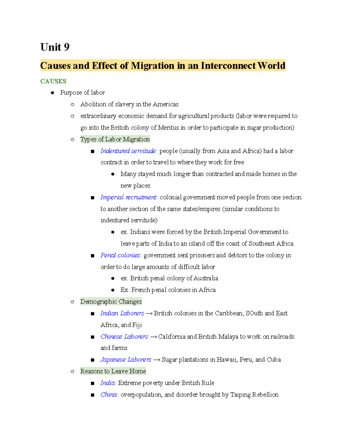 World History Unit 9 Notes - Unit 9 Causes and Effect of Migration in ...