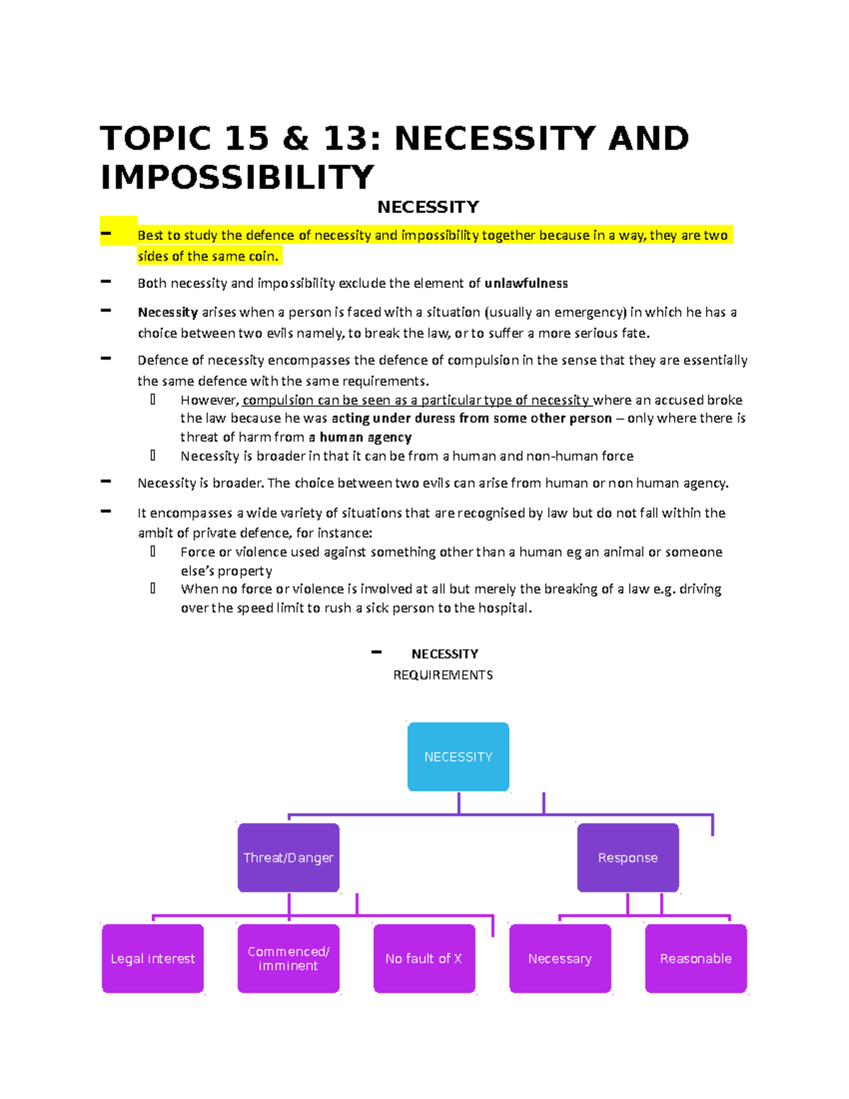 Topic 15 - Sentencing - TOPIC 15 & 13: NECESSITY AND IMPOSSIBILITY NECESSITY – Best to study the ...