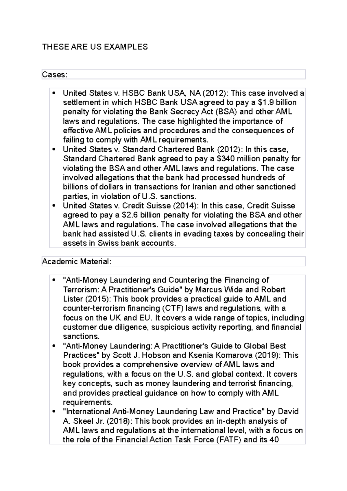 Cases:commentary on the AML - THESE ARE US EXAMPLES Cases: United ...