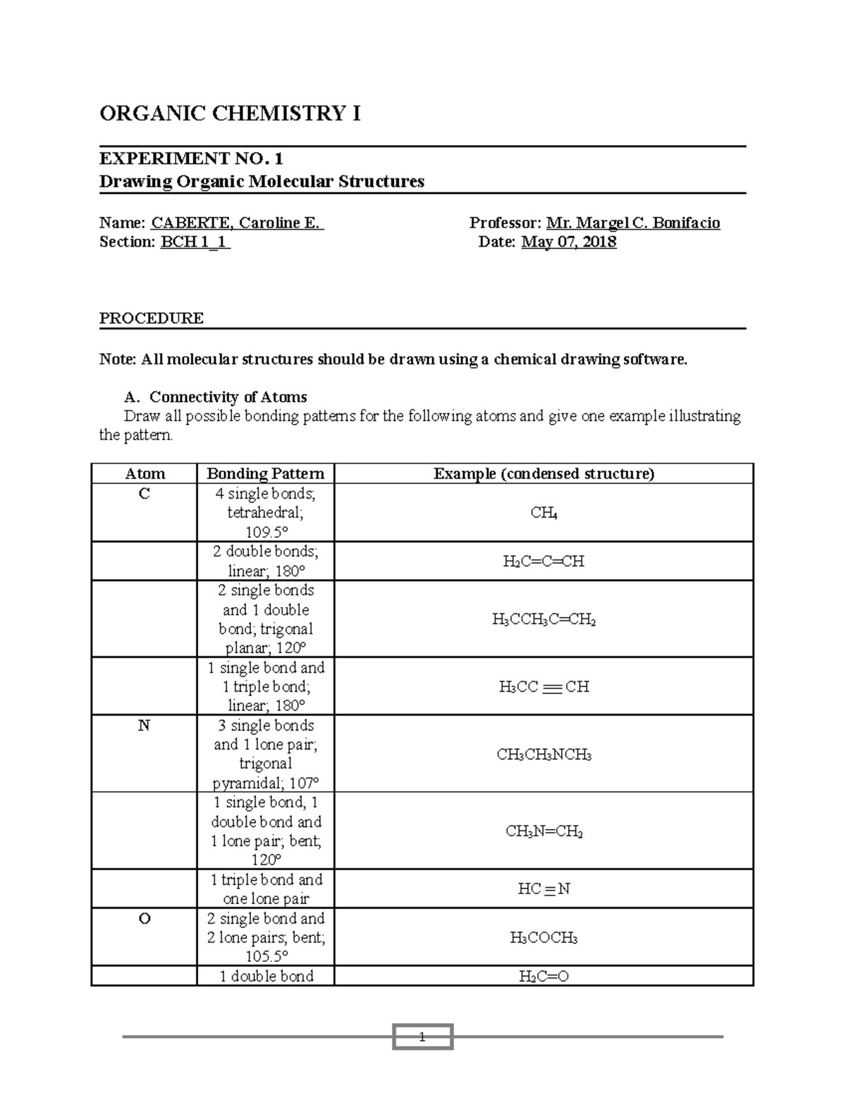 Drawing of Molecular Structures - ORGANIC CHEMISTRY I EXPERIMENT NO. 1 ...