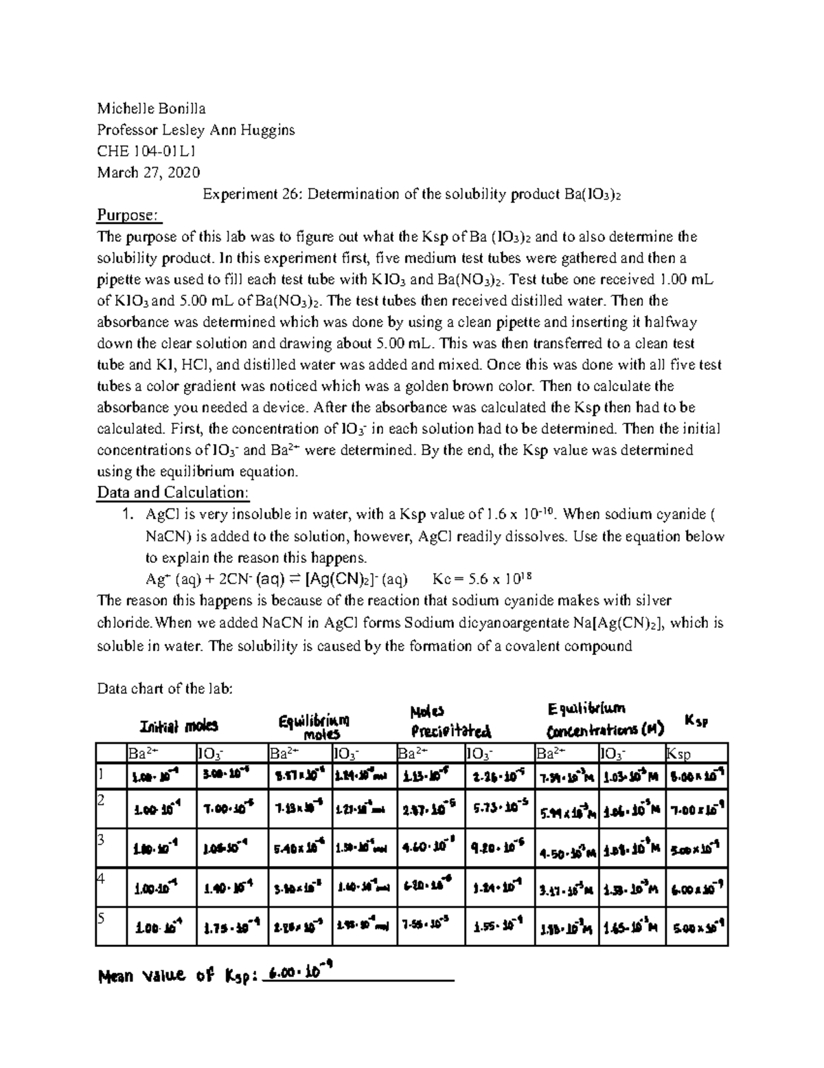 CHE 104 post-lab reflection (Experiment 26) - Michelle Bonilla ...