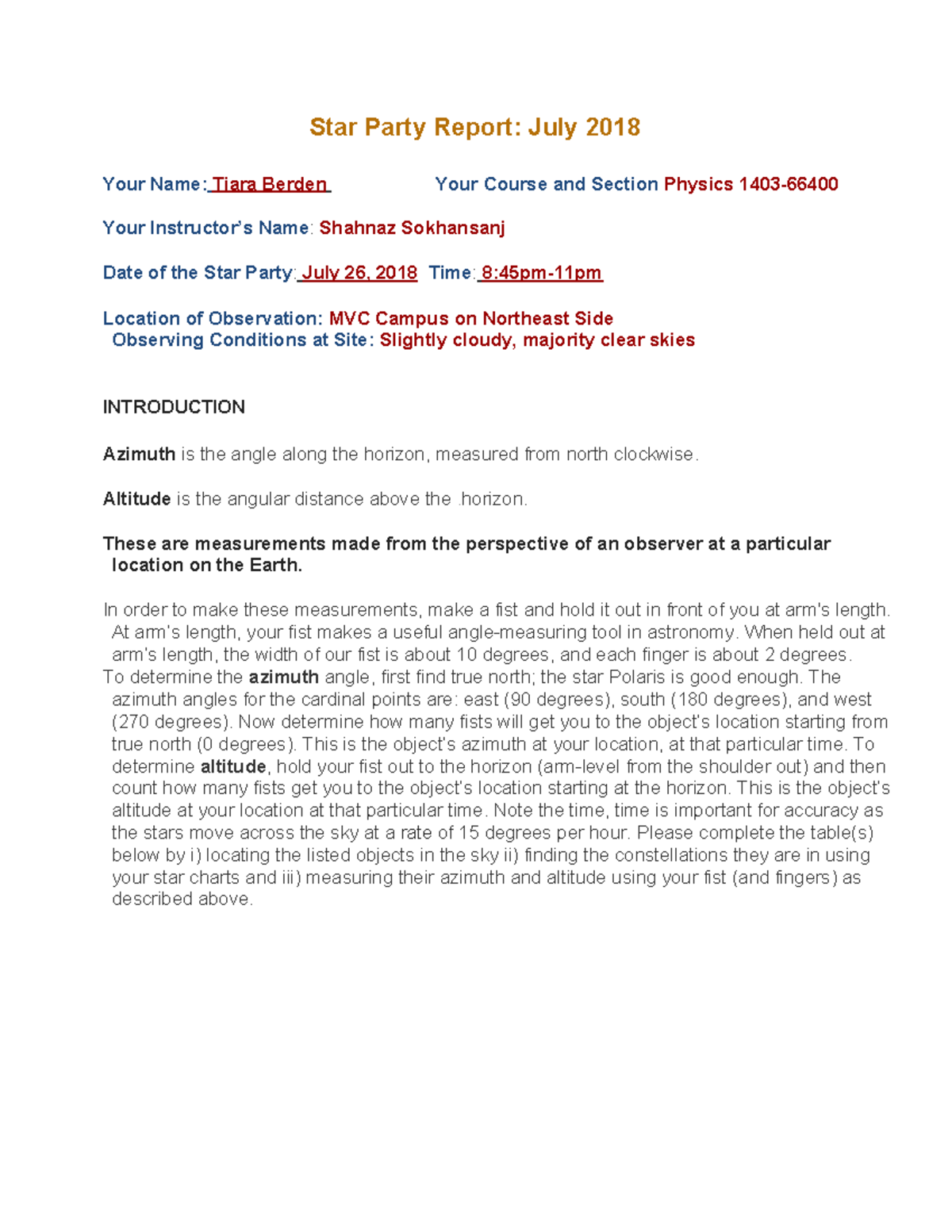 Star Party Report July 2018 - Star Party Report: July 2018 Your Name ...