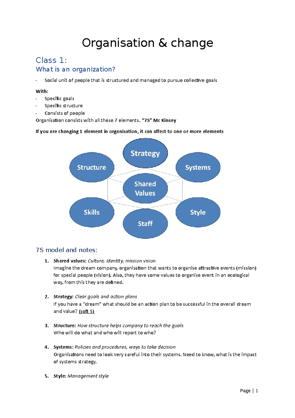 Organization and change notes - Organisation & change Class 1: What is ...