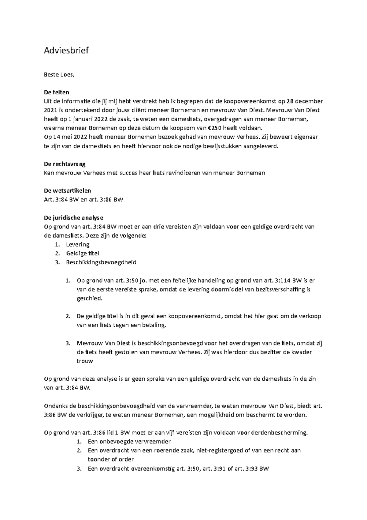 Adviesbrief 1 - Adviesbrief Beste Loes, De feiten Uit de informatie die ...