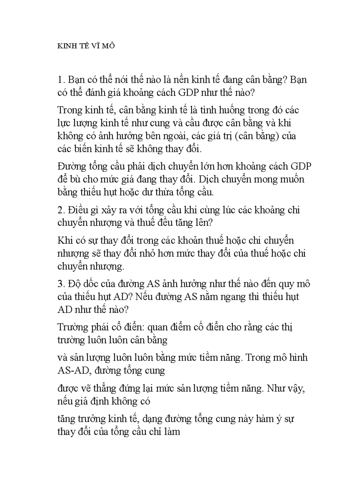 KTVM - Phân tích KTVM - KINH TẾ VĨ MÔ 1. Bạn có thể nói thế nào là nền kinh tế đang cân bằng ...