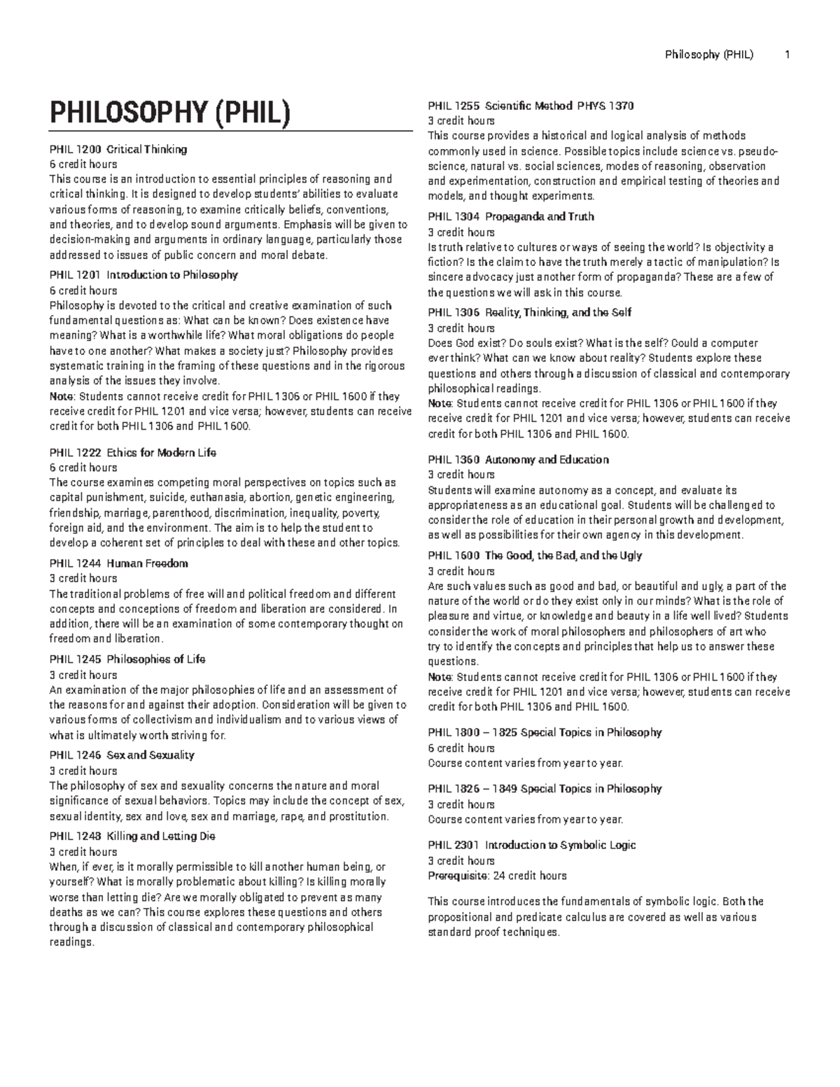 Phil - help. - PHILOSOPHY (PHIL) PHIL 1200 Critical Thinking 6 credit ...