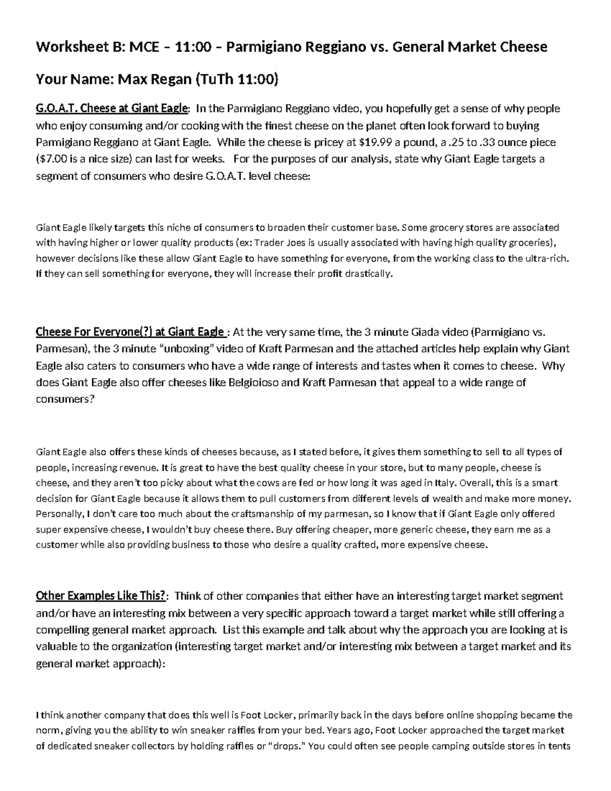 MCE Worksheet B - Max Regan - Worksheet B: MCE – 11:00 – Parmigiano ...