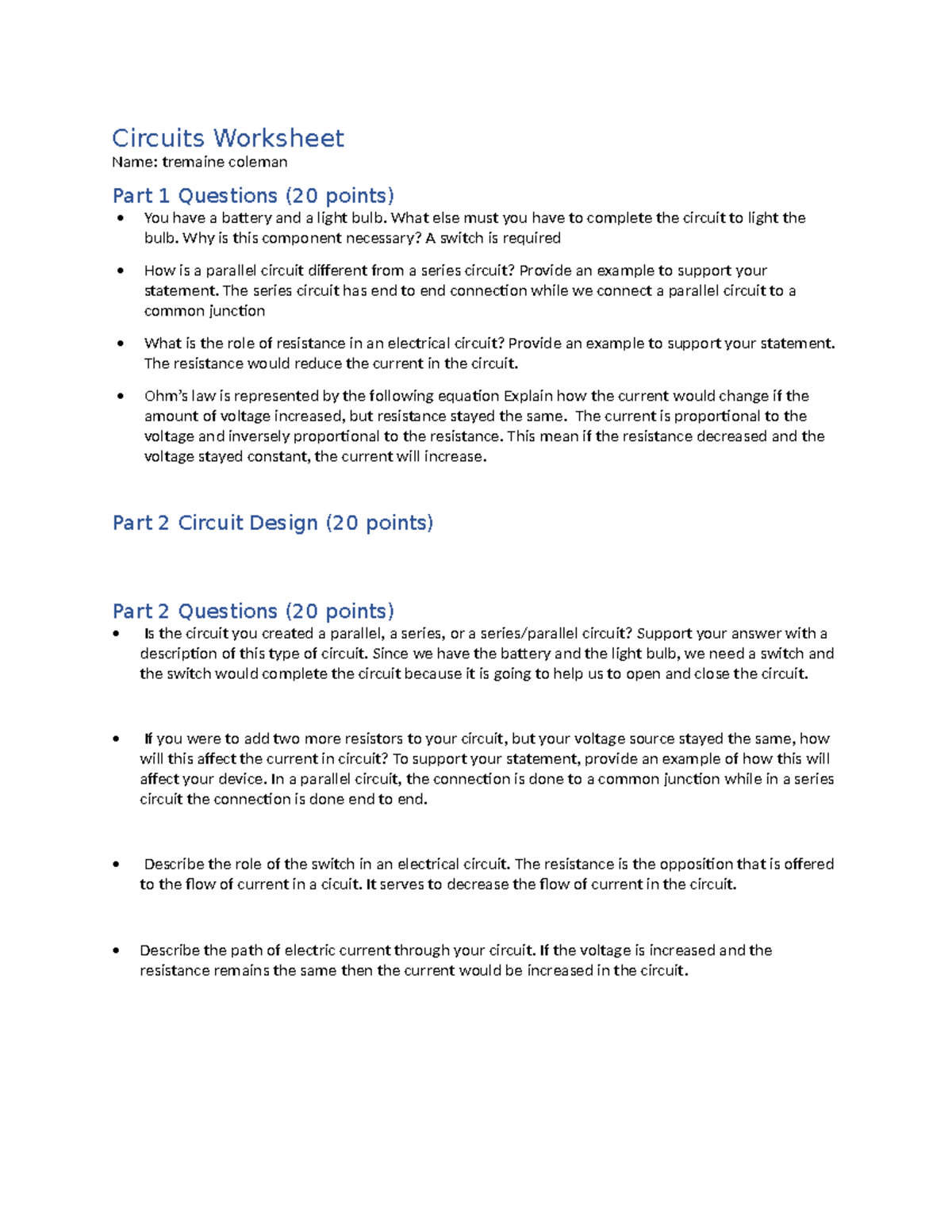 Circuits worksheet - its very easy. - Circuits Worksheet Name: tremaine ...