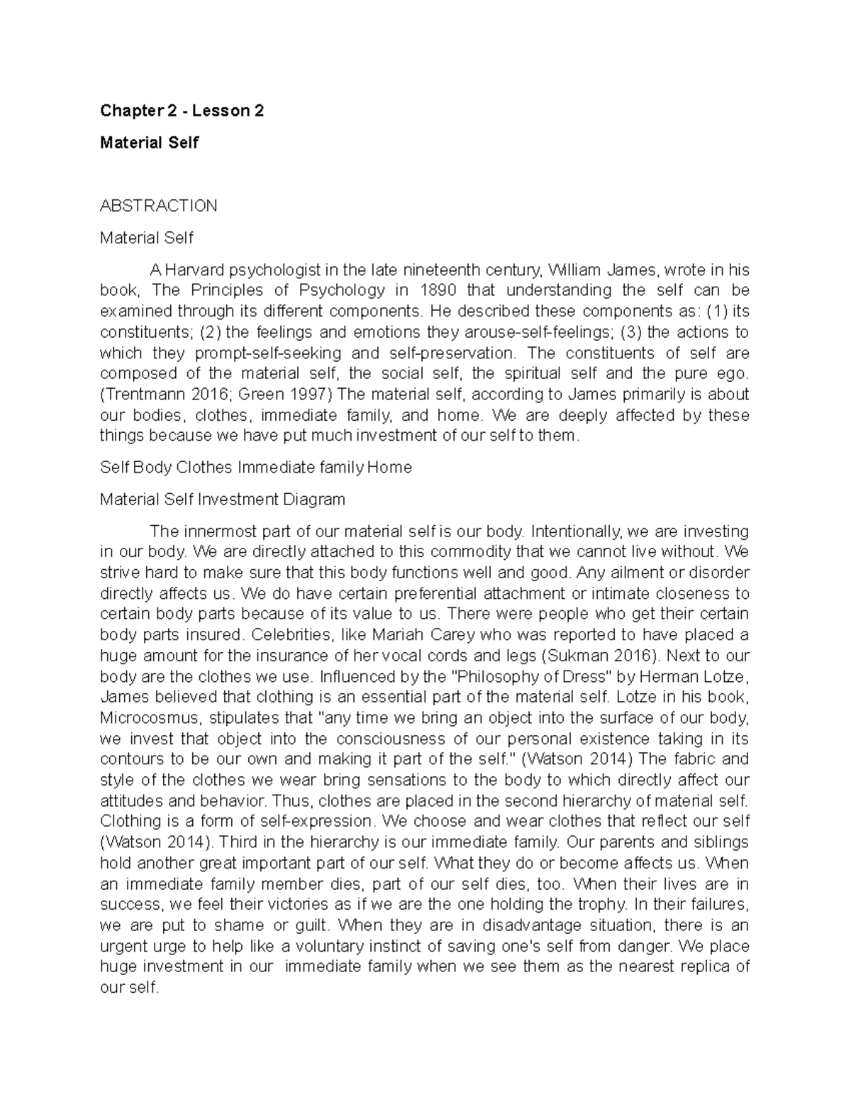 The Material Self - Chapter 2 - Lesson 2 Material Self ABSTRACTION ...