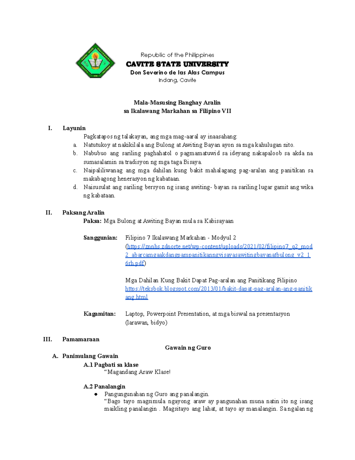 BSEF 38 Mala-Masusing Banghay Aralin Azucena, Catrina Yzabela O - Republic of the Philippines ...