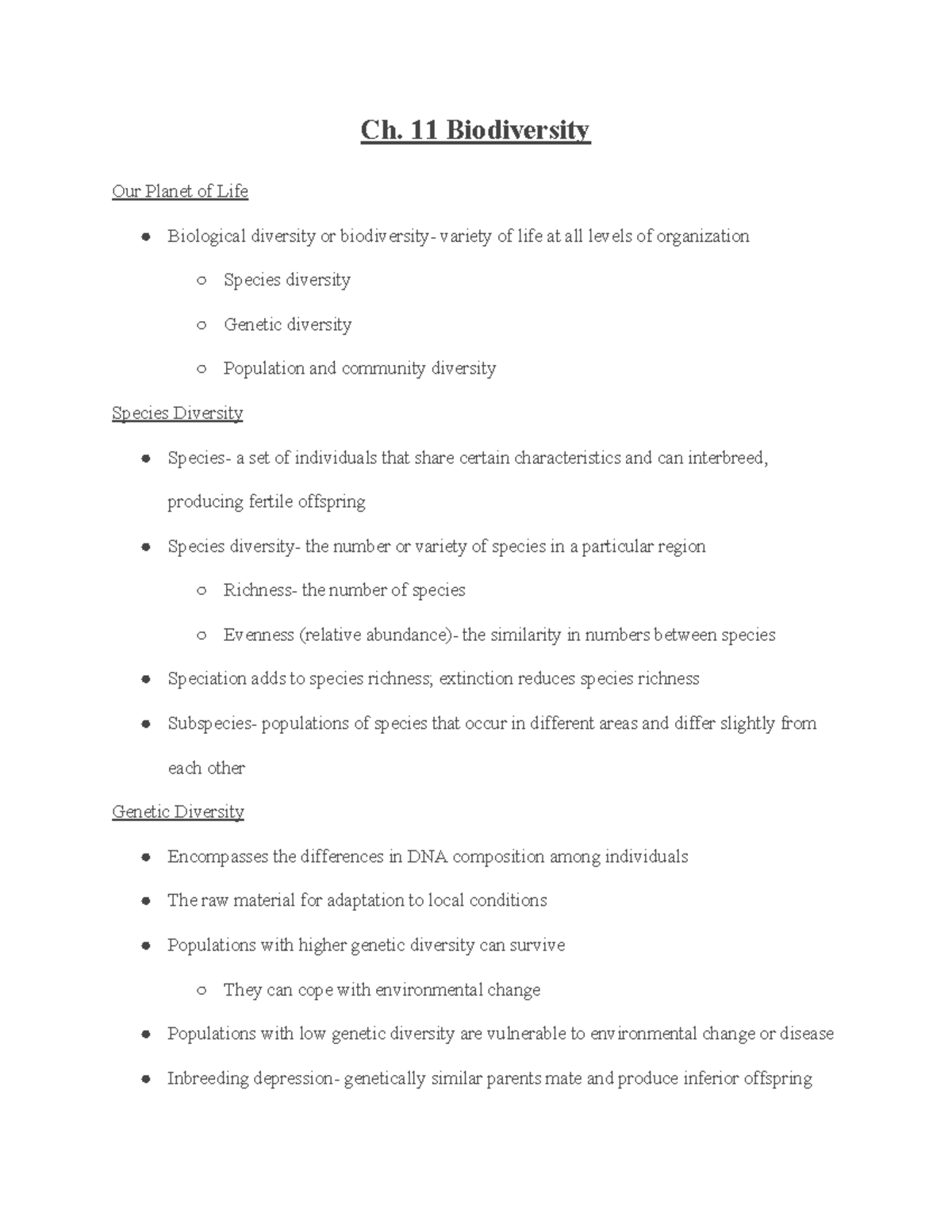 Environmental Science Ch. 11 Lecture Notes - Ch. 11 Biodiversity Our ...