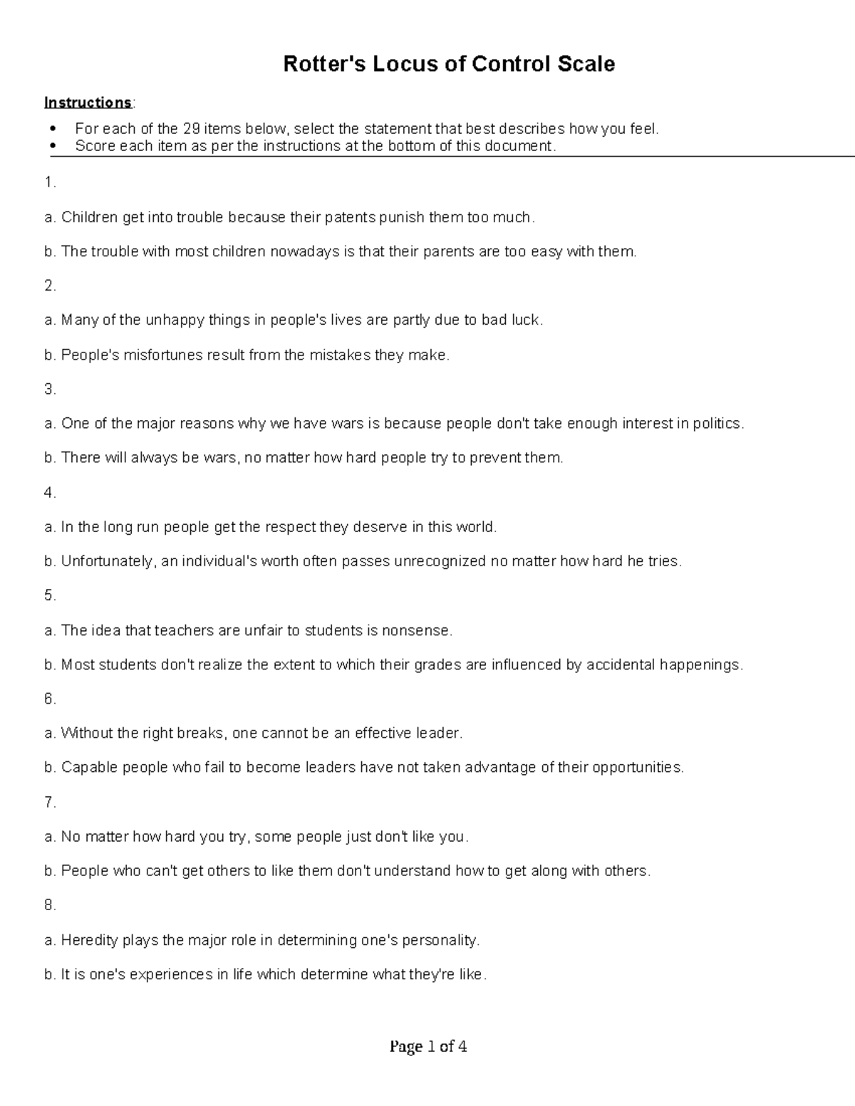 Locus of Control Scale docx - Tagged - Instructions: For each of the 29 ...