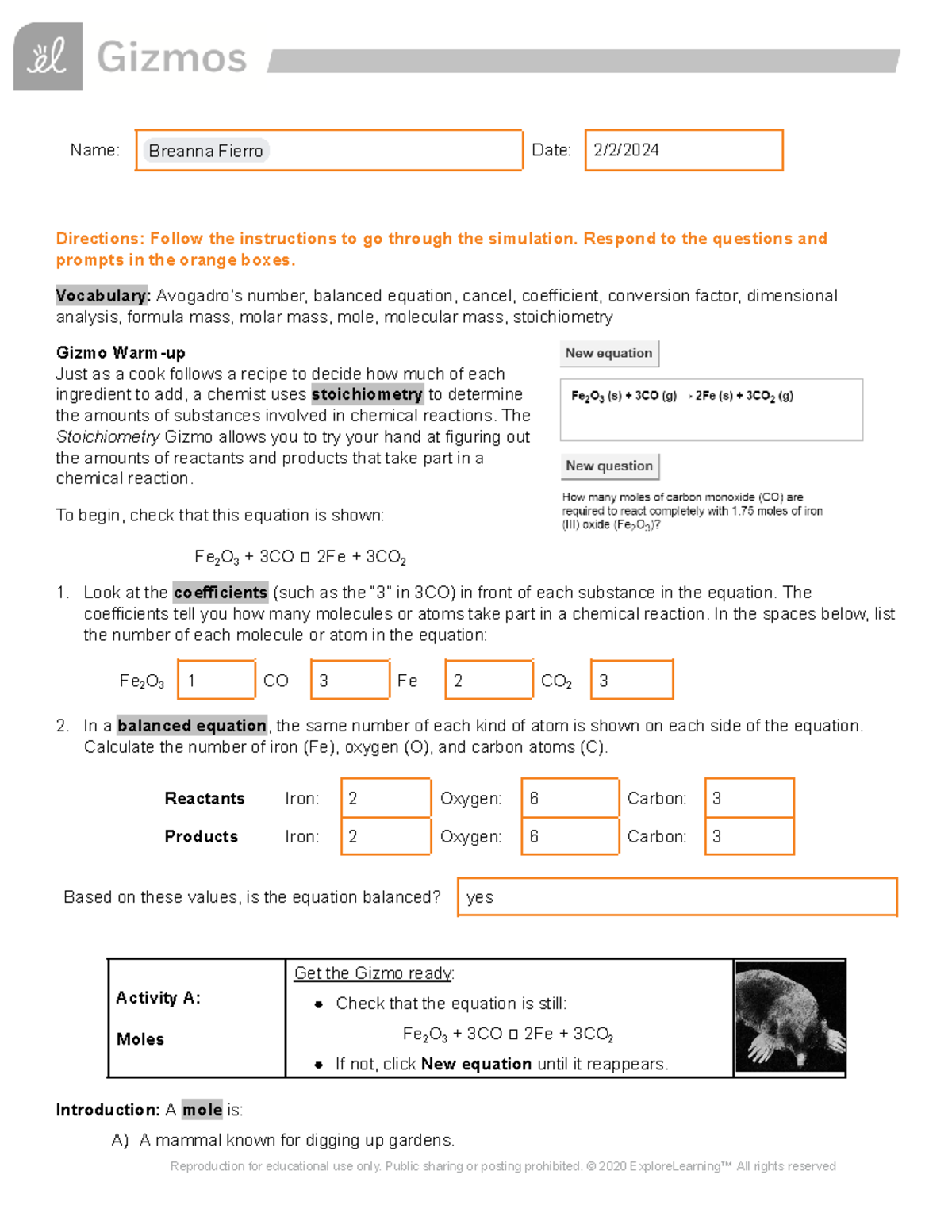 Breanna Fierro - Stoich Gizmo - 14743988 - Name: Breanna Fierro Date: 2 ...