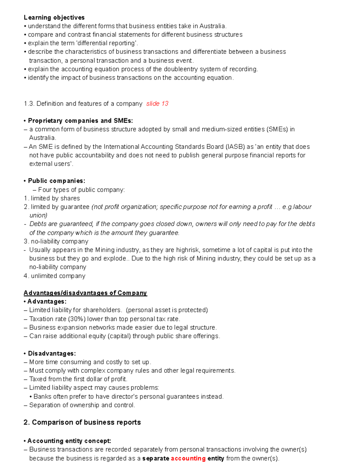 BUSN 1001 Semester 1 - Lecture 2 note with calculation example ...