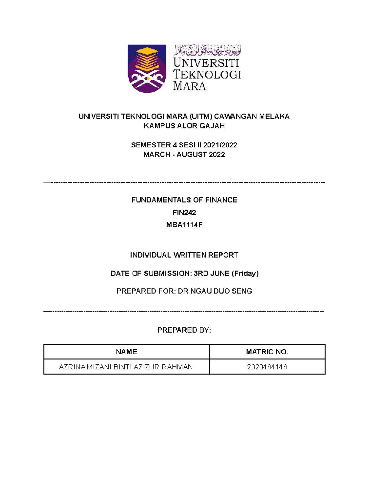 FIN242 Individual Assignment (AEON) - UNIVERSITI TEKNOLOGI MARA (UITM ...