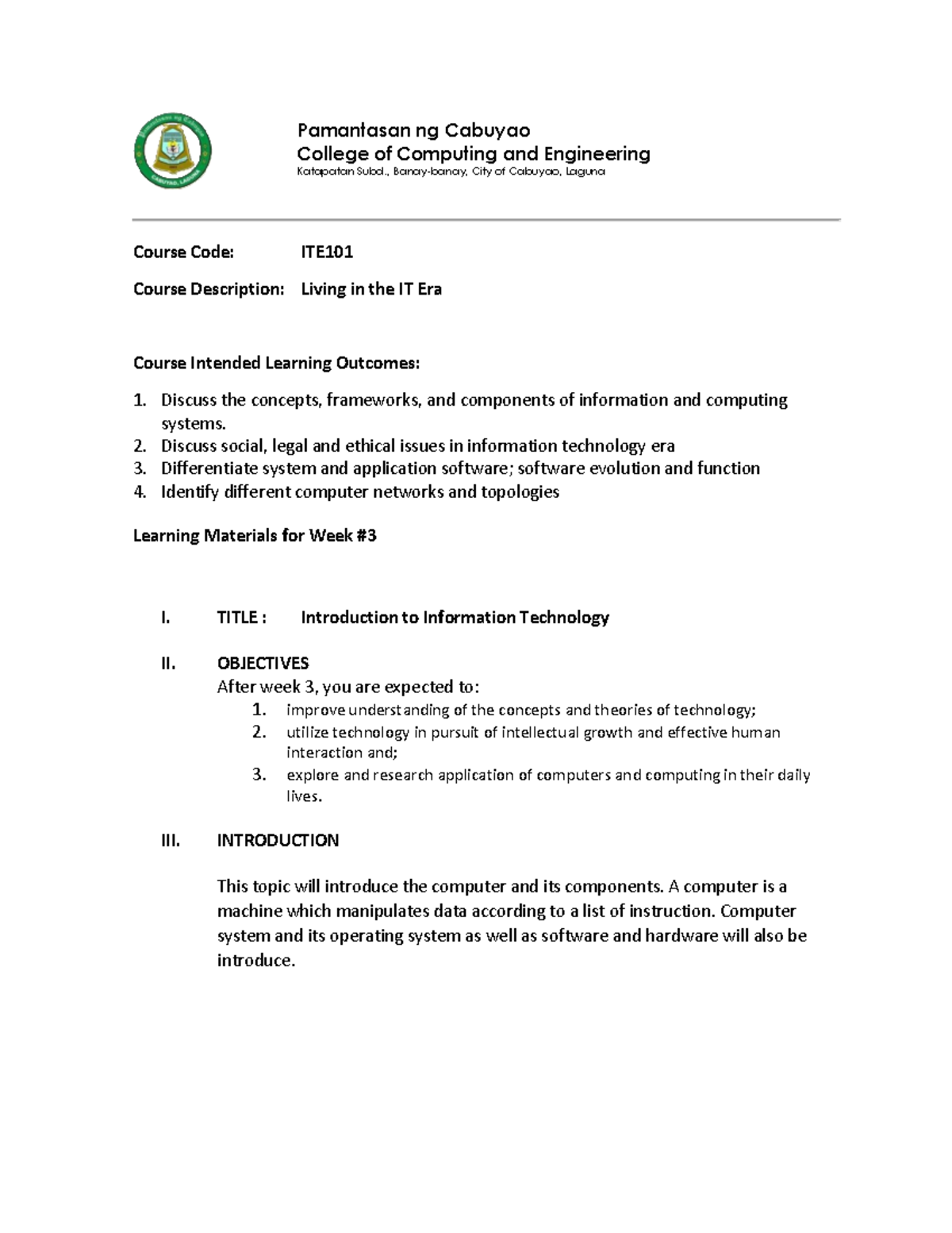 ITE101 Living in the IT Era week 3 - Course Code: ITE Course ...