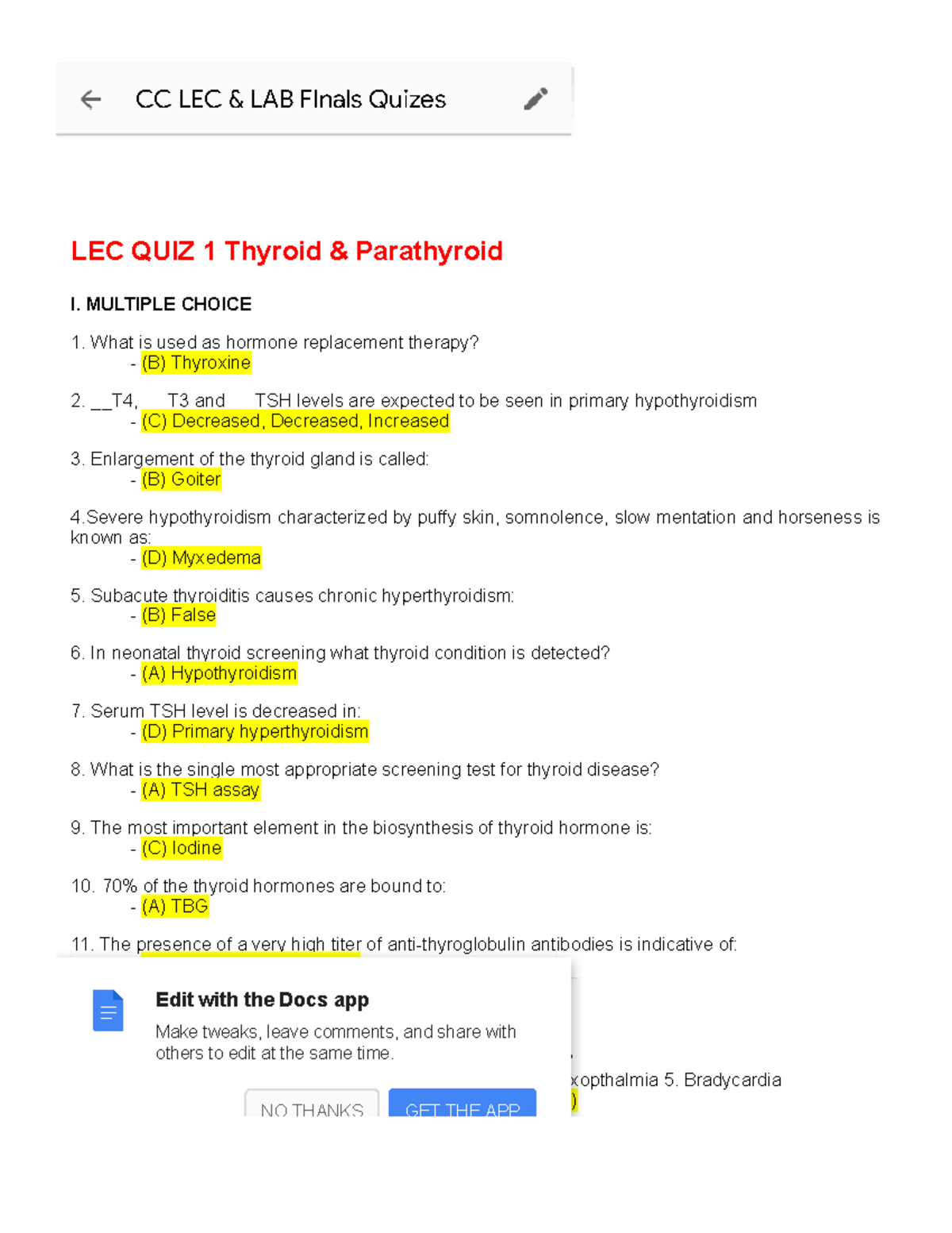 CC LEC & LAB FInals Quizes - LEC QUIZ 1 Thyroid & Parathyroid I ...