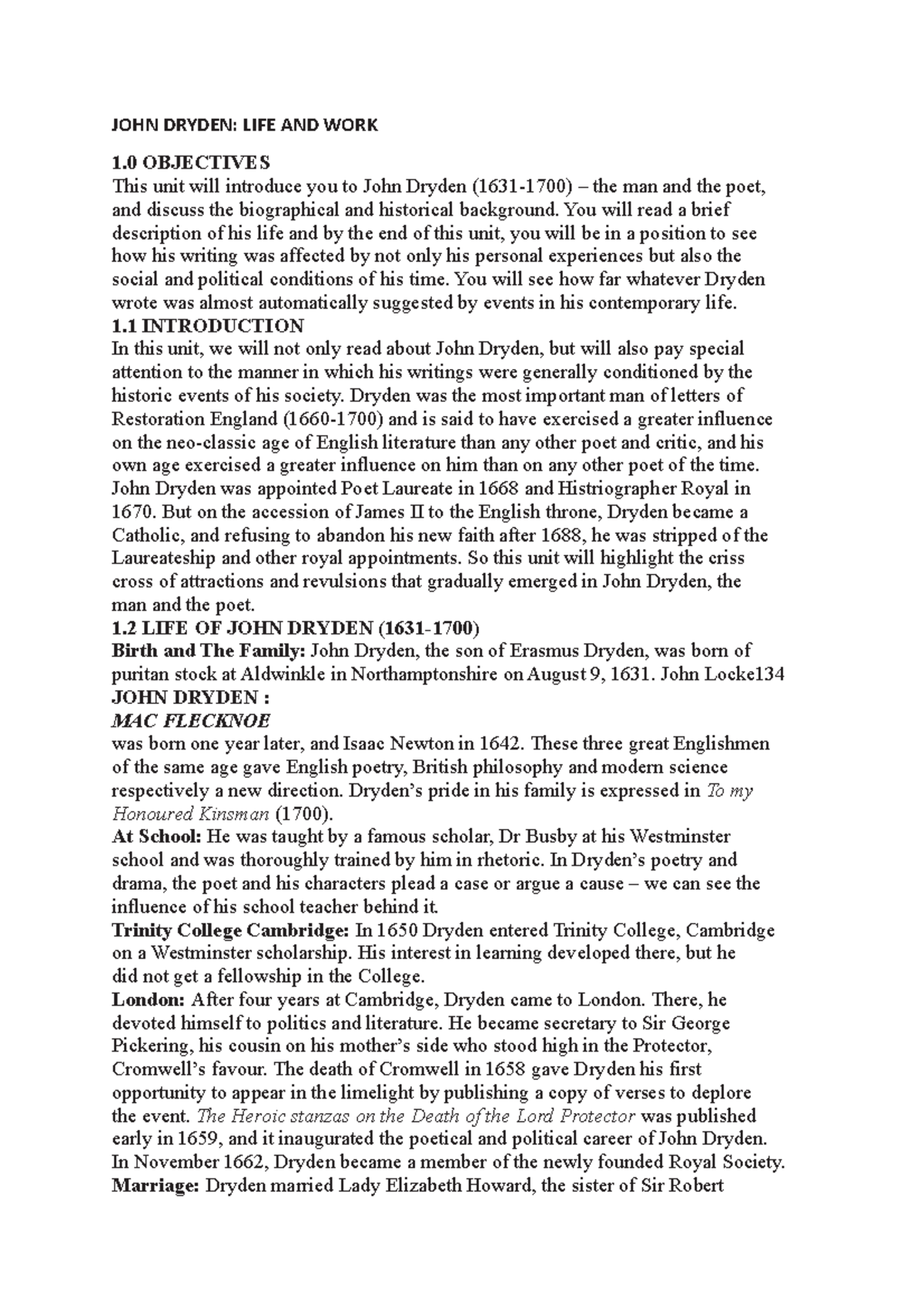 JOHN Dryden LIFE AND WORK - JOHN DRYDEN: LIFE AND WORK 1 OBJECTIVES ...