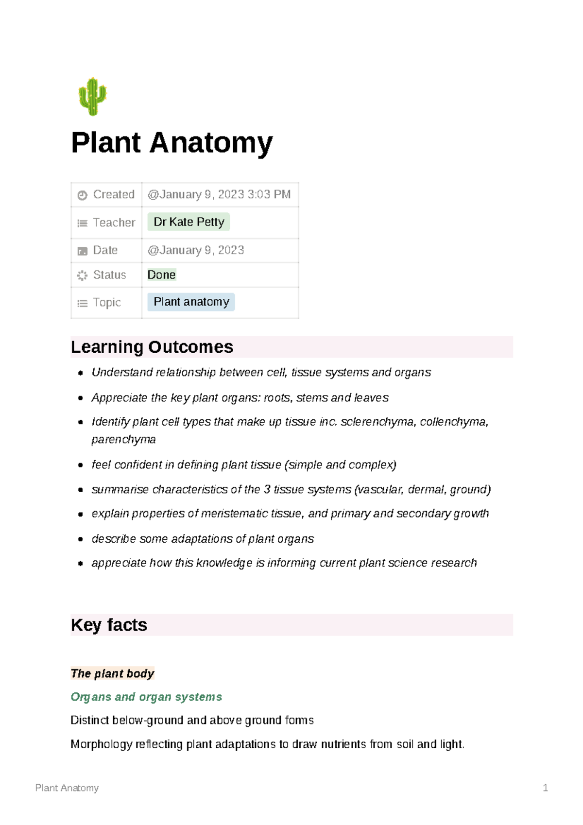Plant Anatomy - Plant Anatomy Created Teacher Dr Kate Petty Date Status ...