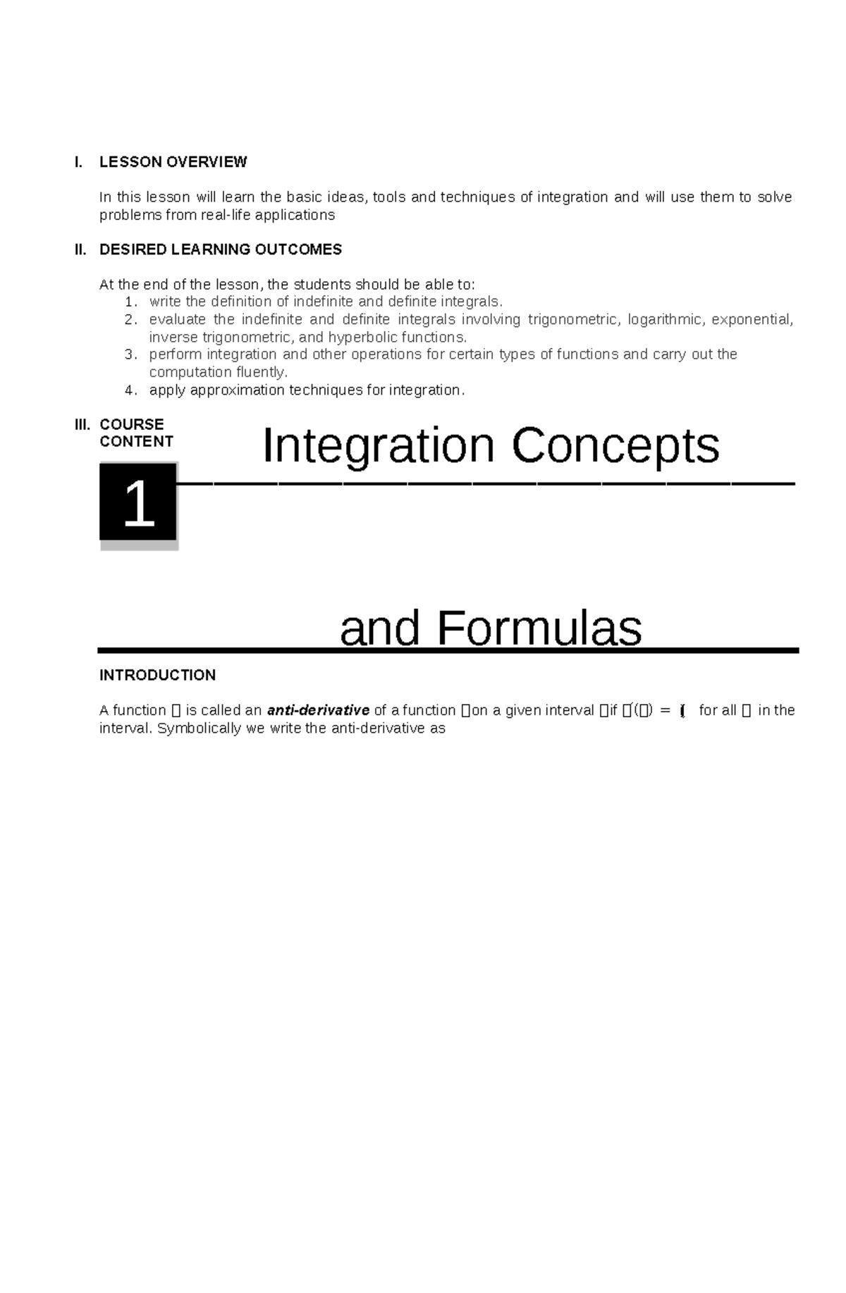 Integral Module Final Part 1 - I. LESSON OVERVIEW In this lesson will ...